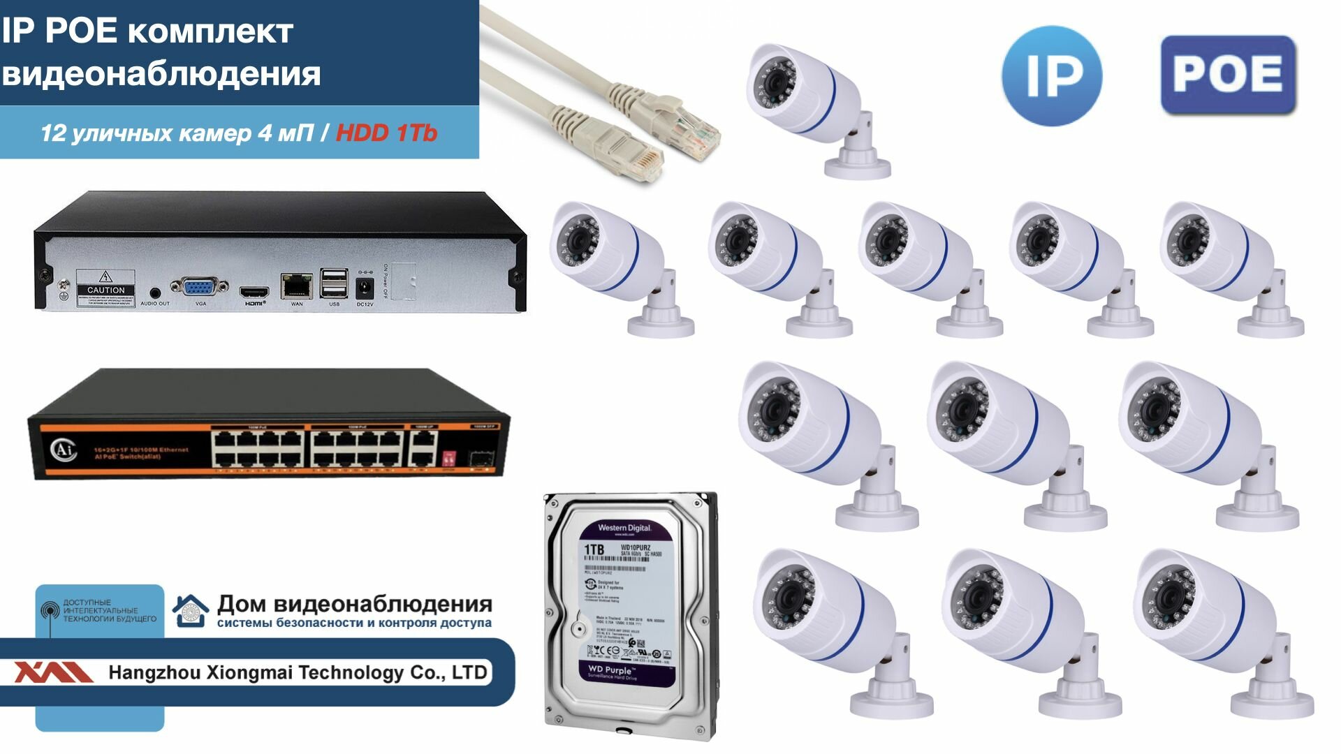 Полный IP POE комплект видеонаблюдения на 12 камер (KIT12IPPOE100W4MP-HDD1Tb)