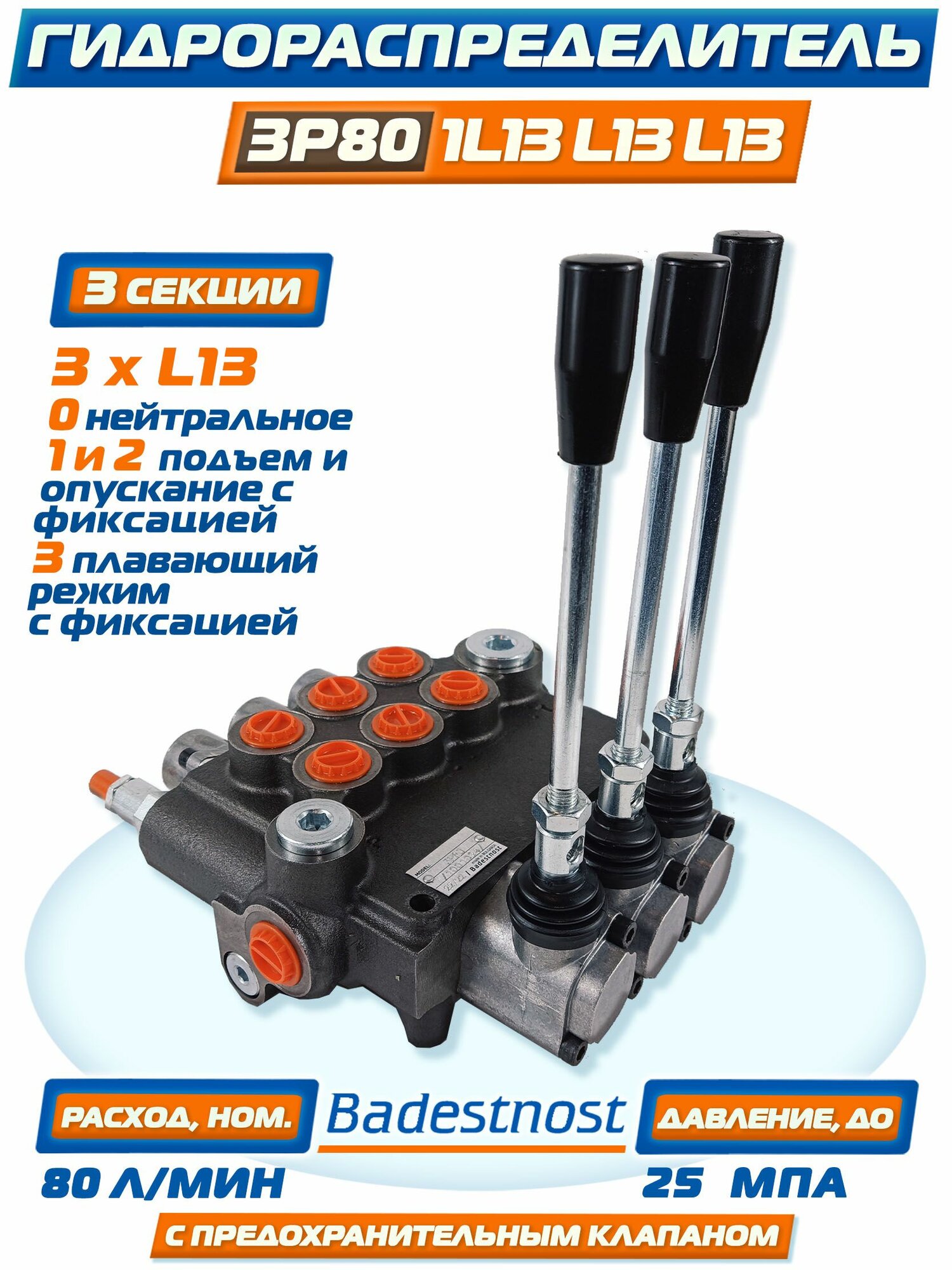 Гидрораспределитель 3P801L13L13L13 Gkz1, "Badestnost" Болгария, 80 литров в минуту, 3 секции с плавающим режимом и фиксацией.