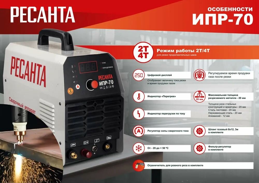 Резак 70А плазменный инверторный 380В рез max 20 мм ИПР-70