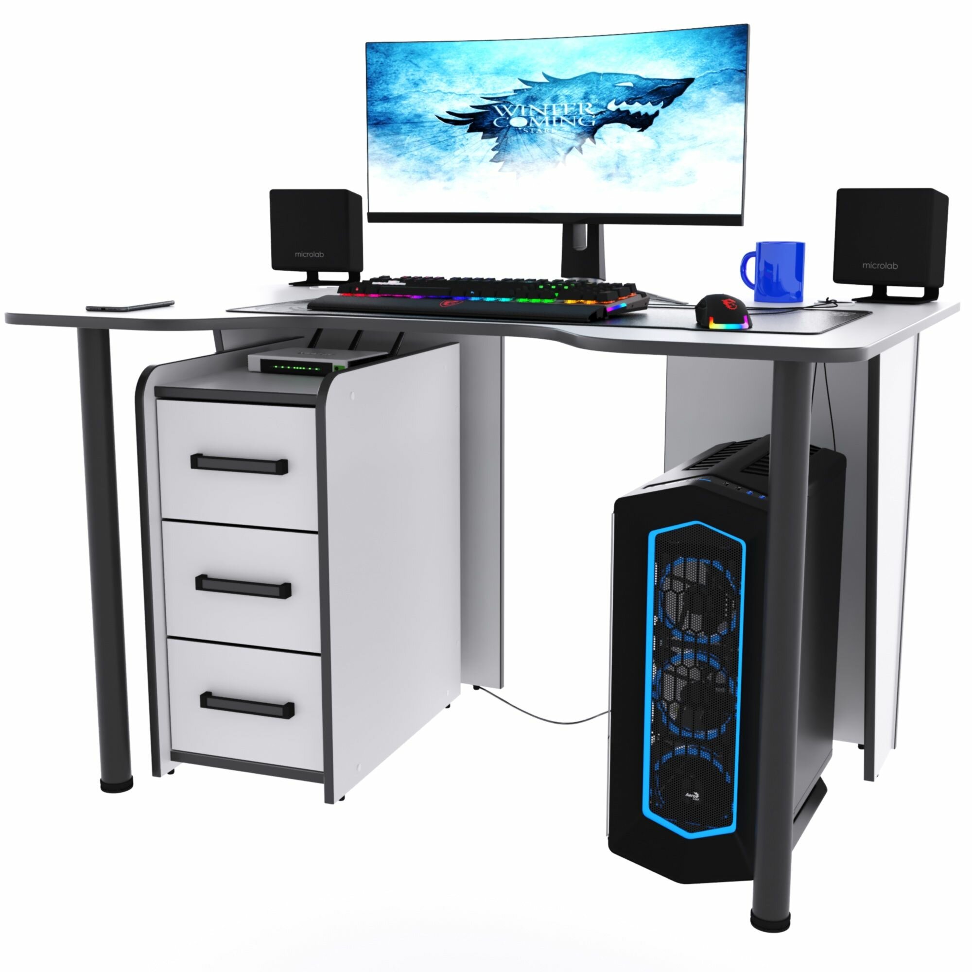 Игровой компьютерный стол "Лакер" с тумбой, 140x80x75 см, белый с чёрной кромкой