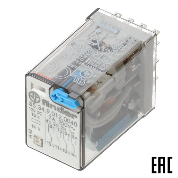 Реле промежуточное 55.34.9.012.0040 12В DC 7А 4 переключающийся контакта серия 55 Finder