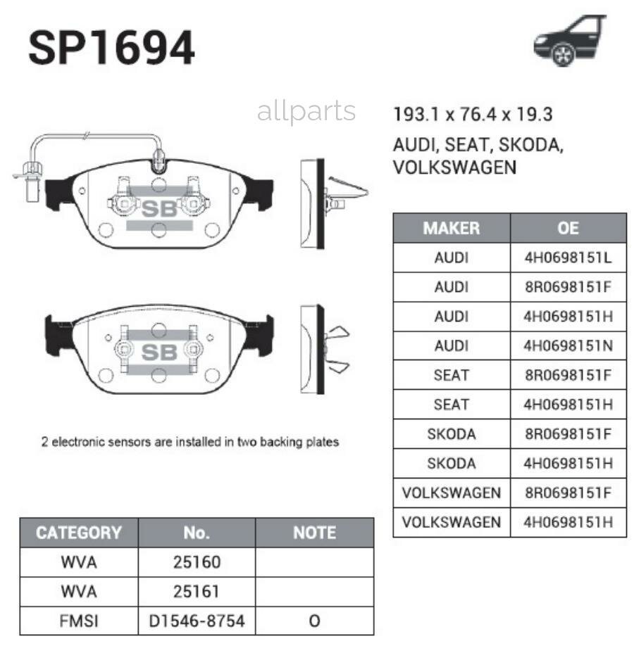 SANGSIN BRAKE SP1694 SP1694 колодки дисковые передние!\ Audi A8 quattro 4.2FSi/4.2TDi 09>