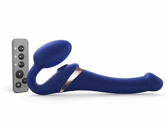 Безремневой страпон с клиторальной стимуляцией Multi Orgasm bendable strap-on size S, синий