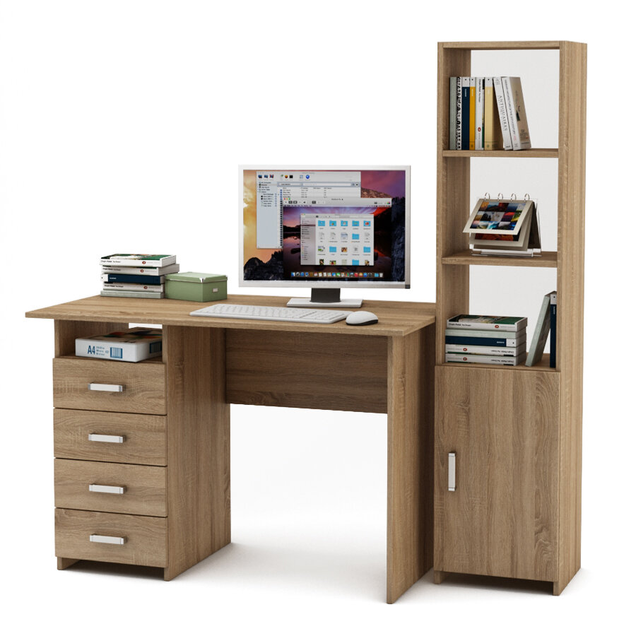 Стол письменный, компьютерный со стеллажом Лайт (Ньюкасл) 4 Дуб сонома