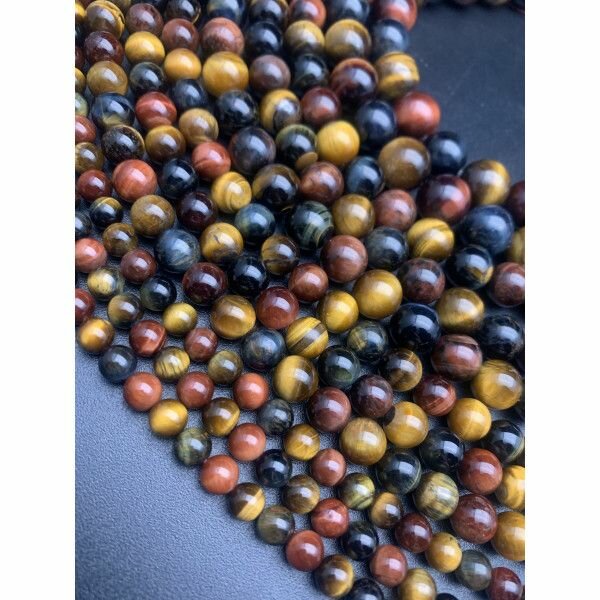 Каменные бусины, Глазковый микс: тигровый, бычий и соколиный, 12 мм, шарик гладкий, нить 38 см, около 32 бусин