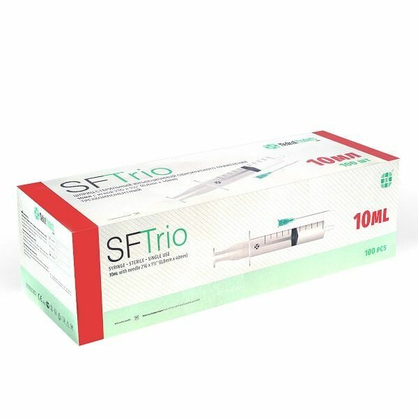 Шприц 3-х компонентный с иглой 21G SF Medical/СФ Медикал 0,8х40мм 10мл 100шт