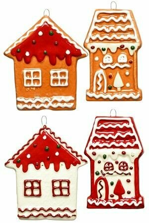 Набор ёлочных игрушек домики В глазури, керамика, 8 см, 4 шт, Kaemingk 630274-набор