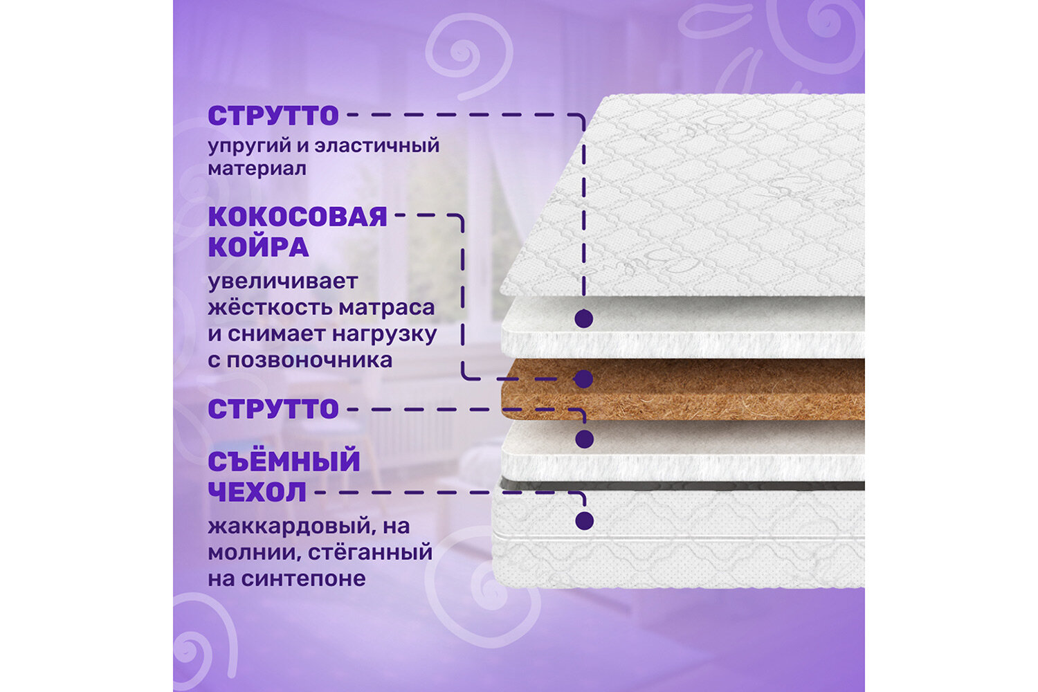 Матрас Hoff Cocos Strutto, 90х190 см, беспружинный, двусторонний, средняя жесткость — фото 1