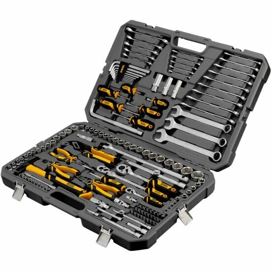 Denzel Набор инструментов, 1/2", 1/4", 3/8", CrV, S2, пластиковый кейс, 144 предмета, , 15805