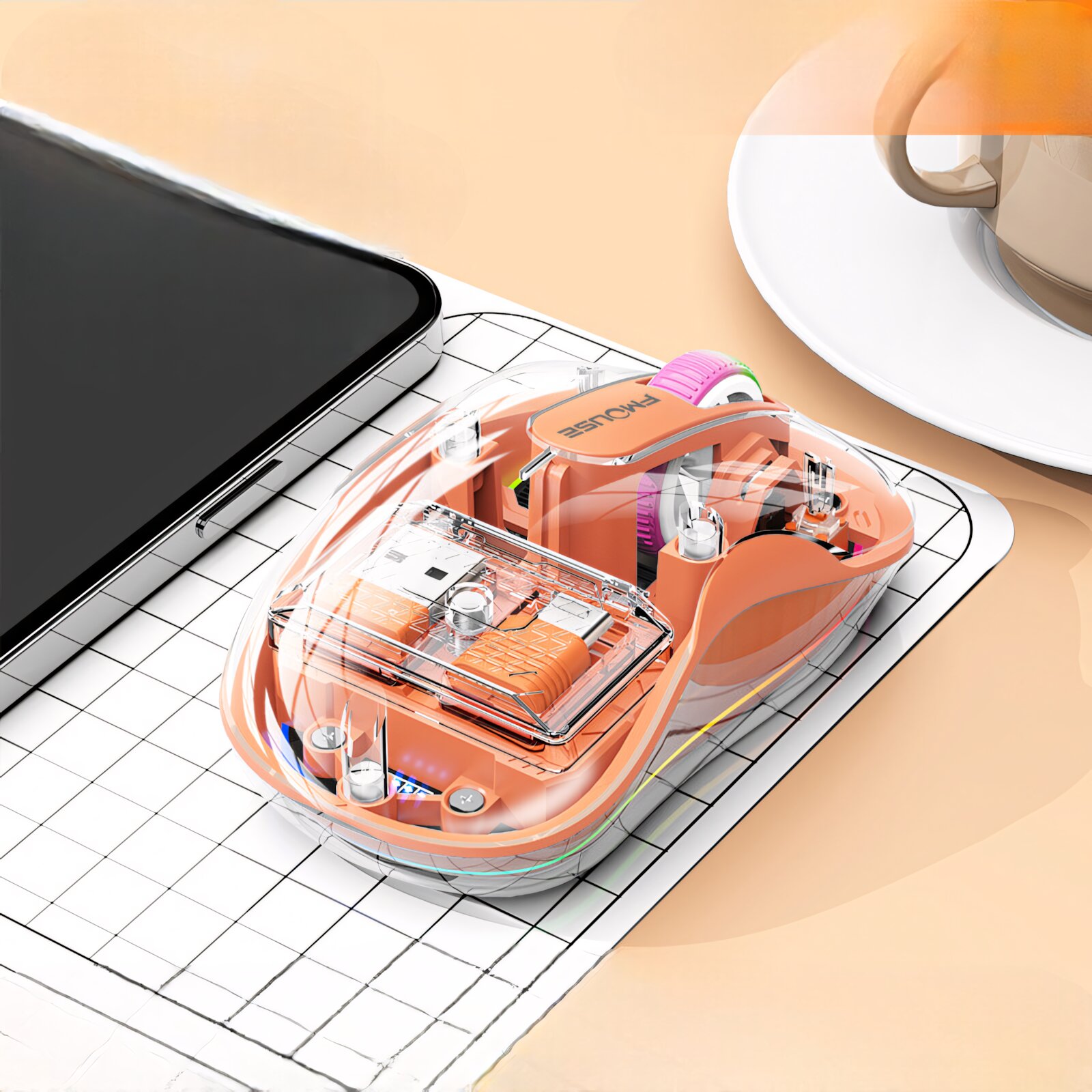 Мышь FMOUSE M333 orange, беспроводная, прозрачный корпус