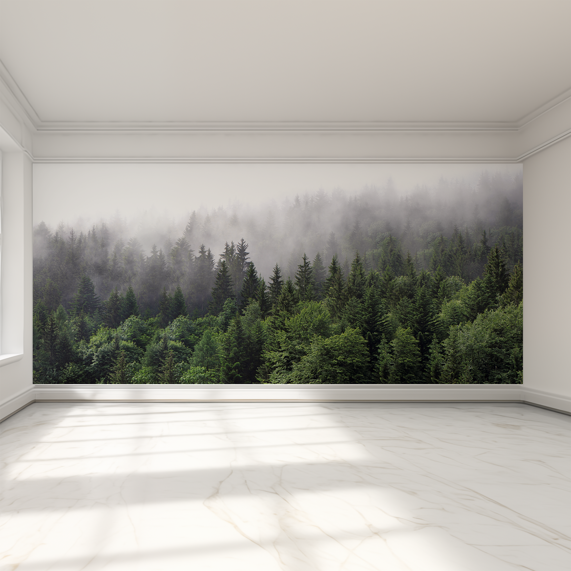 Фотообои 3д на стену "Лес в тумане", флизелиновые 600х270 см на кухню, спальню, зал