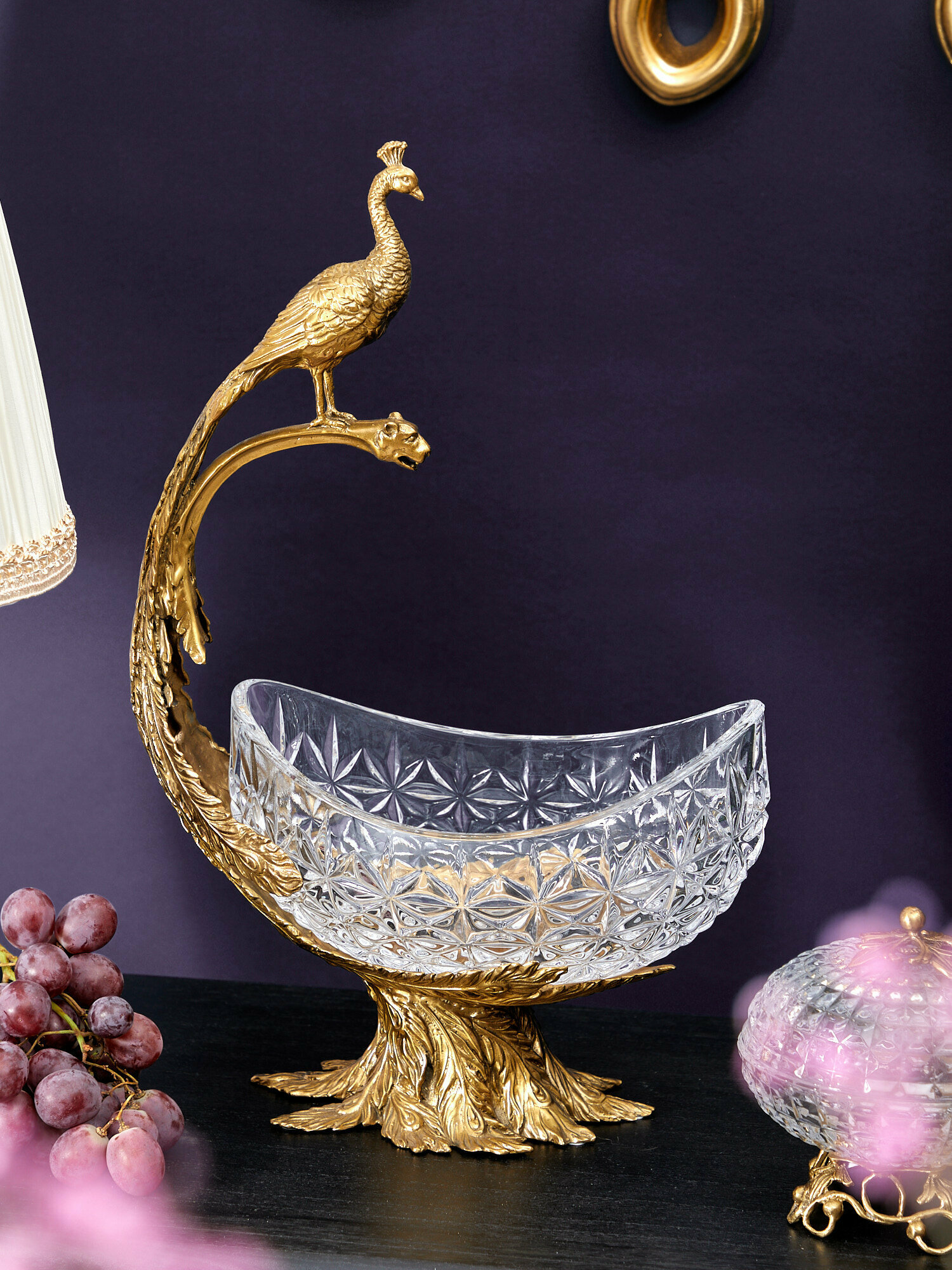 HGL378/GLASS Чаша съемная на бронзовом павлине 28х17х44см, Стекло, бронза, Glasar