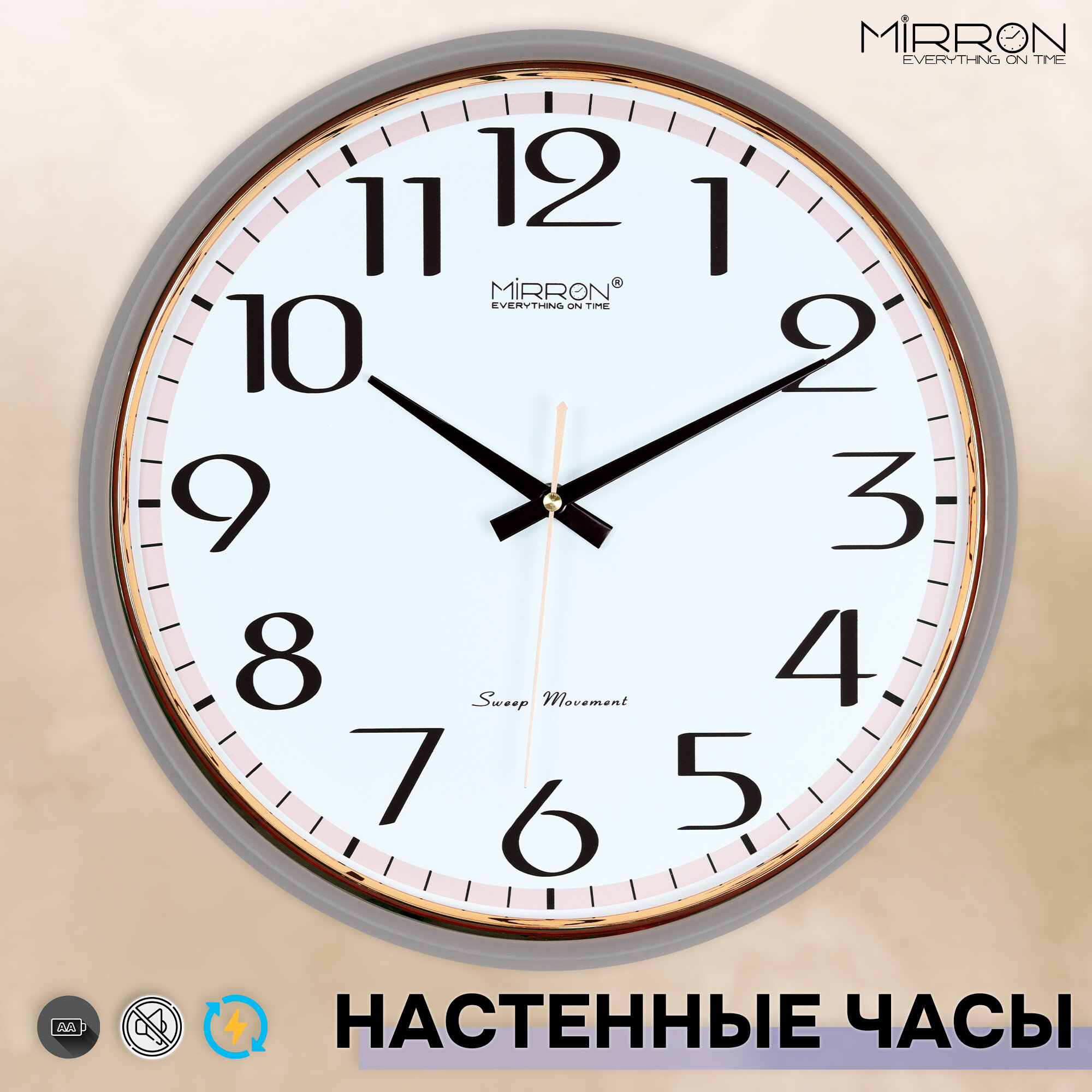 Настенные кварцевые часы MIRRON M577A СБ/Большие круглые часы/36 см/Минималистичные часы/Серый цвет корпуса/Белый циферблат циферблат/Бесшумный плавный механизм