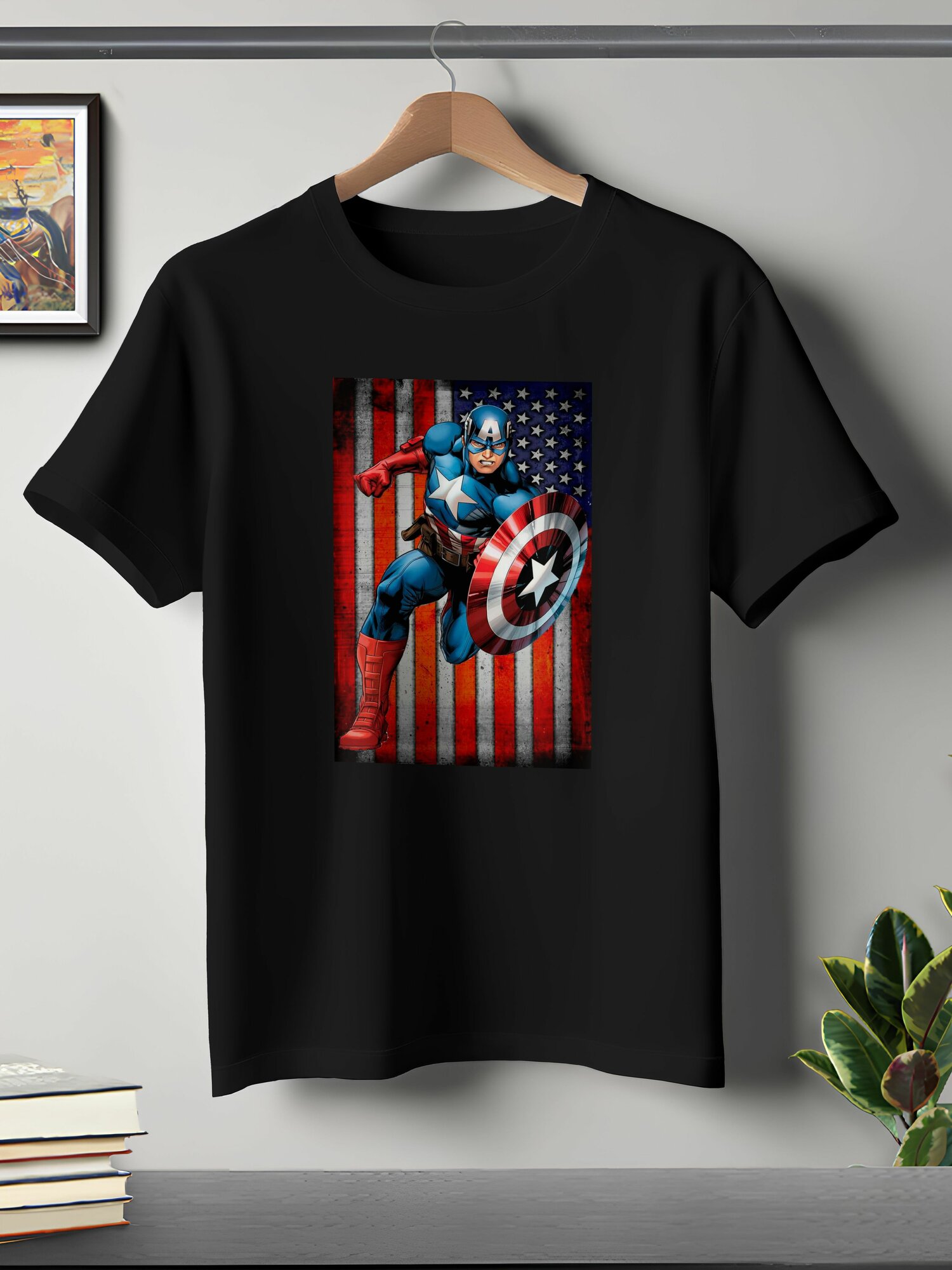 Футболка  Детская ONEQ 152 (12-13) размер с принтом Капитан Америки, черная