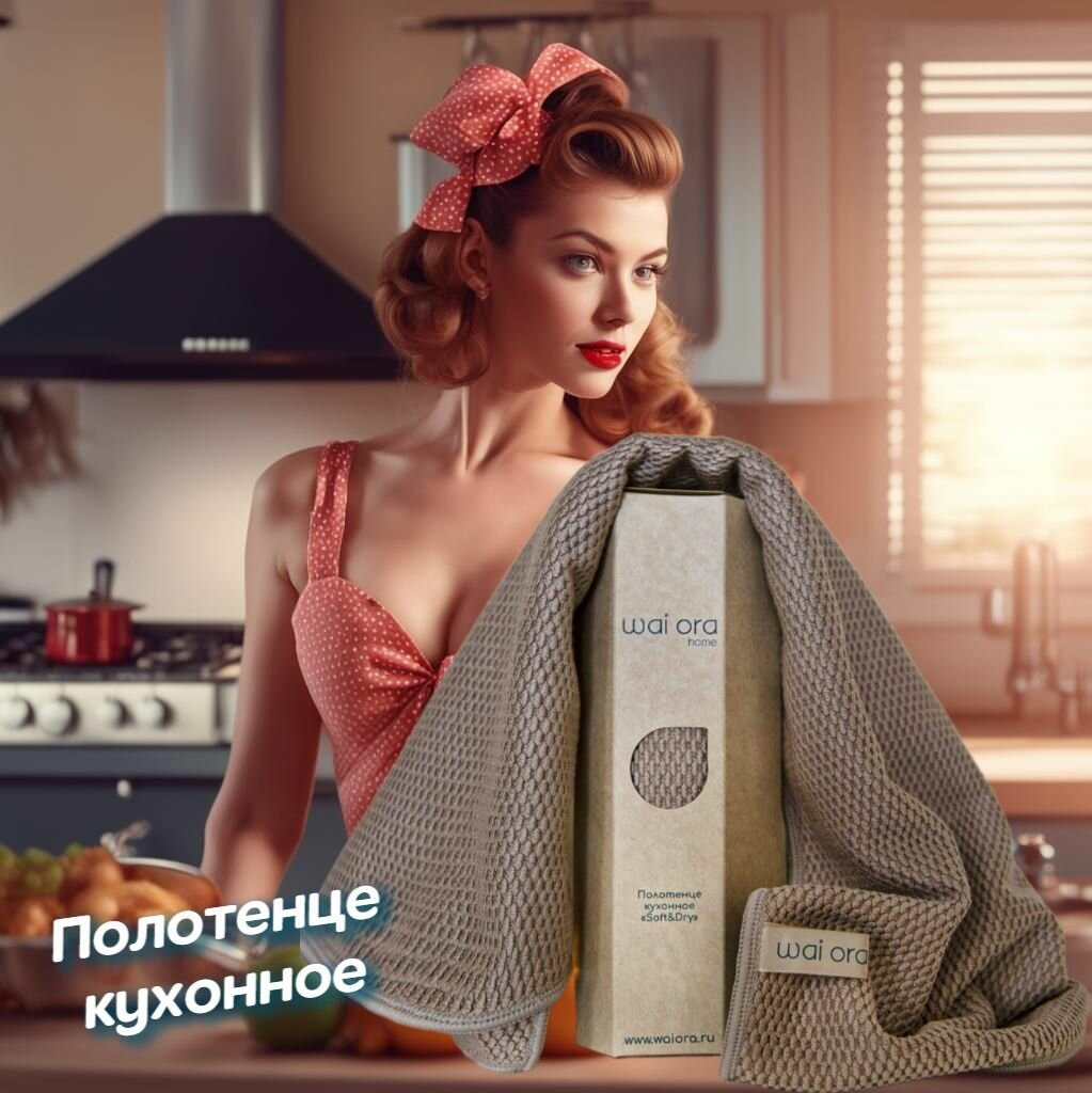WaiOra Полотенце кухонное из микрофибры- мягкое , быстро сохнет Soft&Dry (бежевый) 60/40см х 1шт Япония