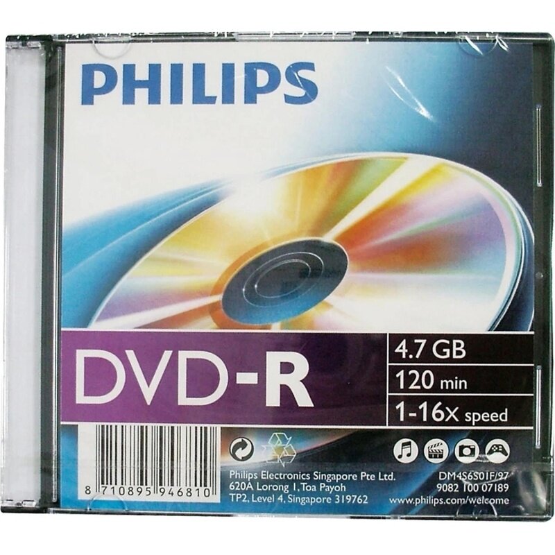 Носители информации DVD-R Philips объем памяти 4.7 Gb, скорость записи 16x, Slim Case 1 шт (DM4S6S01F/97)
