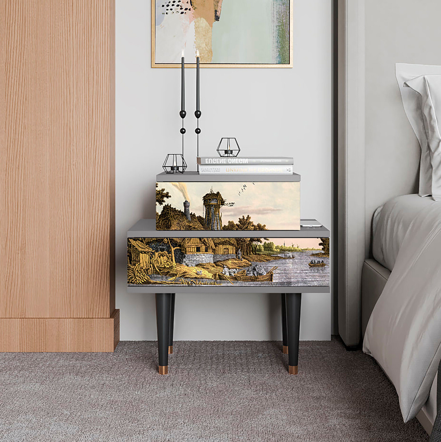 Прикроватная тумба - STORYZ - NS1 Mill along a River by Jonas Zeuner, Размер - 58 x 58 x 41 см, Цвет корпуса - , Серый