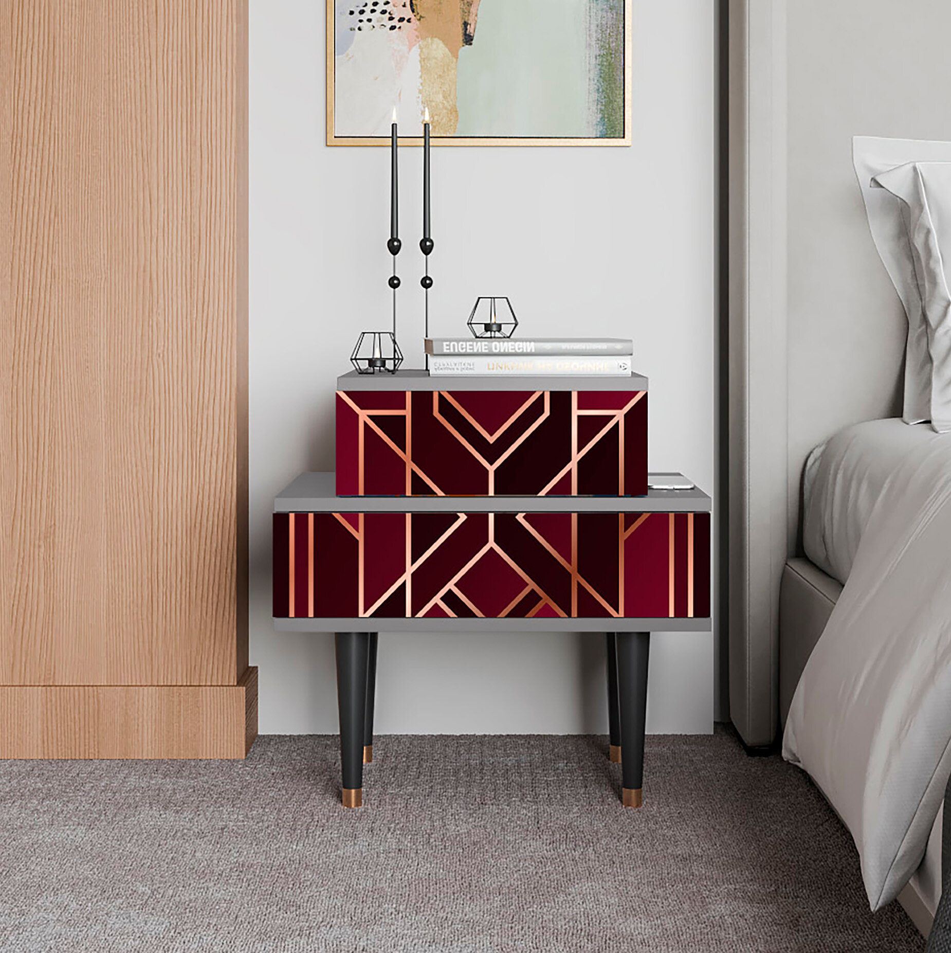 Прикроватная тумба - STORYZ - NS1 Burgundy Jewelery, Размер - 58 x 58 x 41 см, Цвет корпуса - , Серый