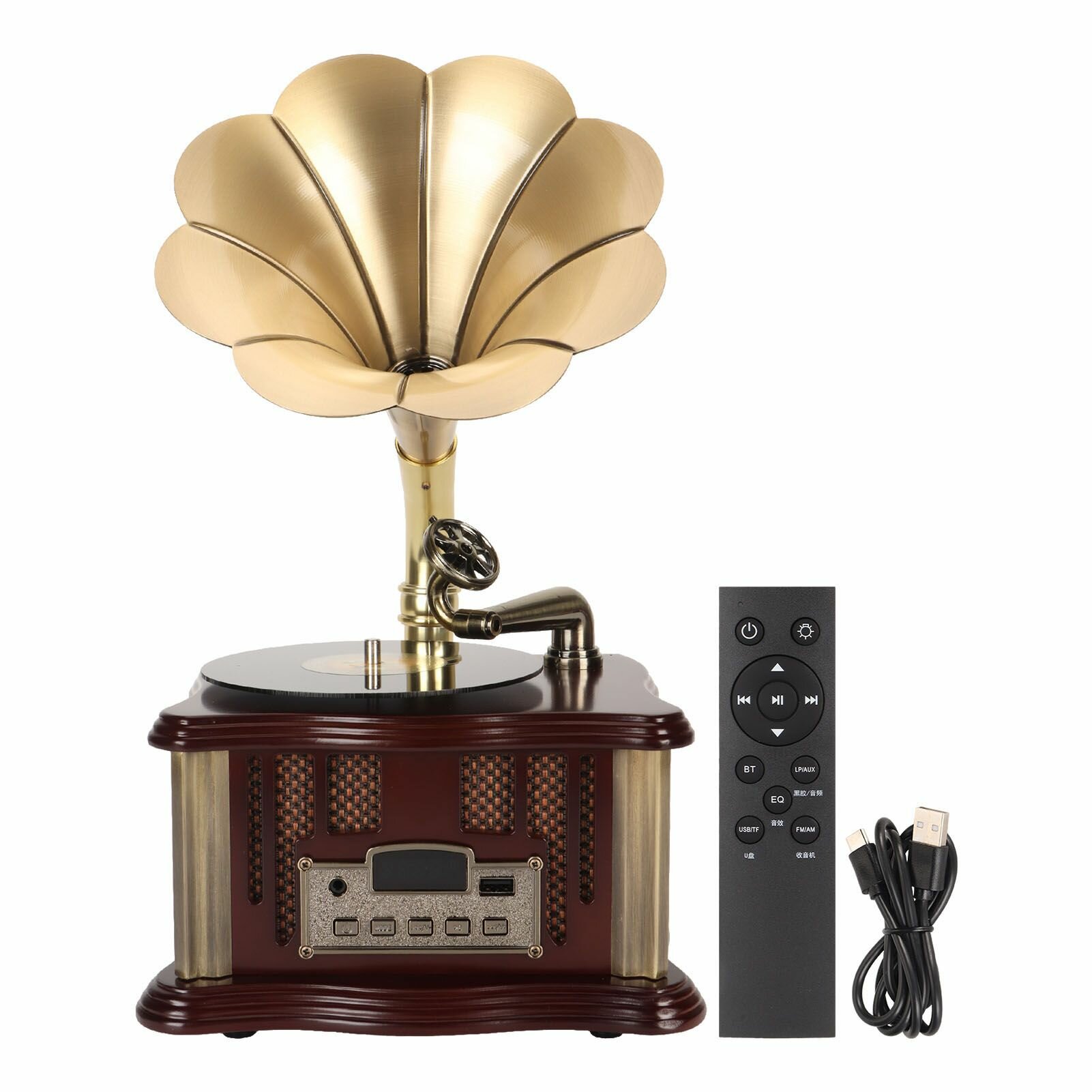 Винтажный граммофон Bluetooth, Type-C зарядка, BT5.0, мини, с FM, кофейный цвет