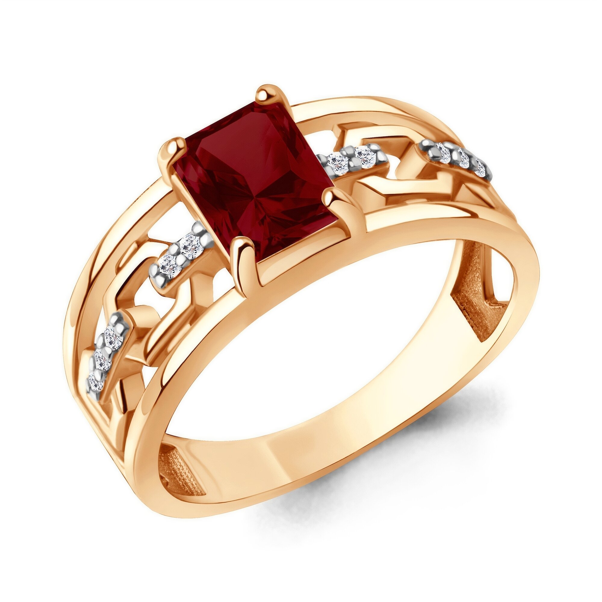 Кольцо, серебро, 925 проба, золочение, фианит, гранат