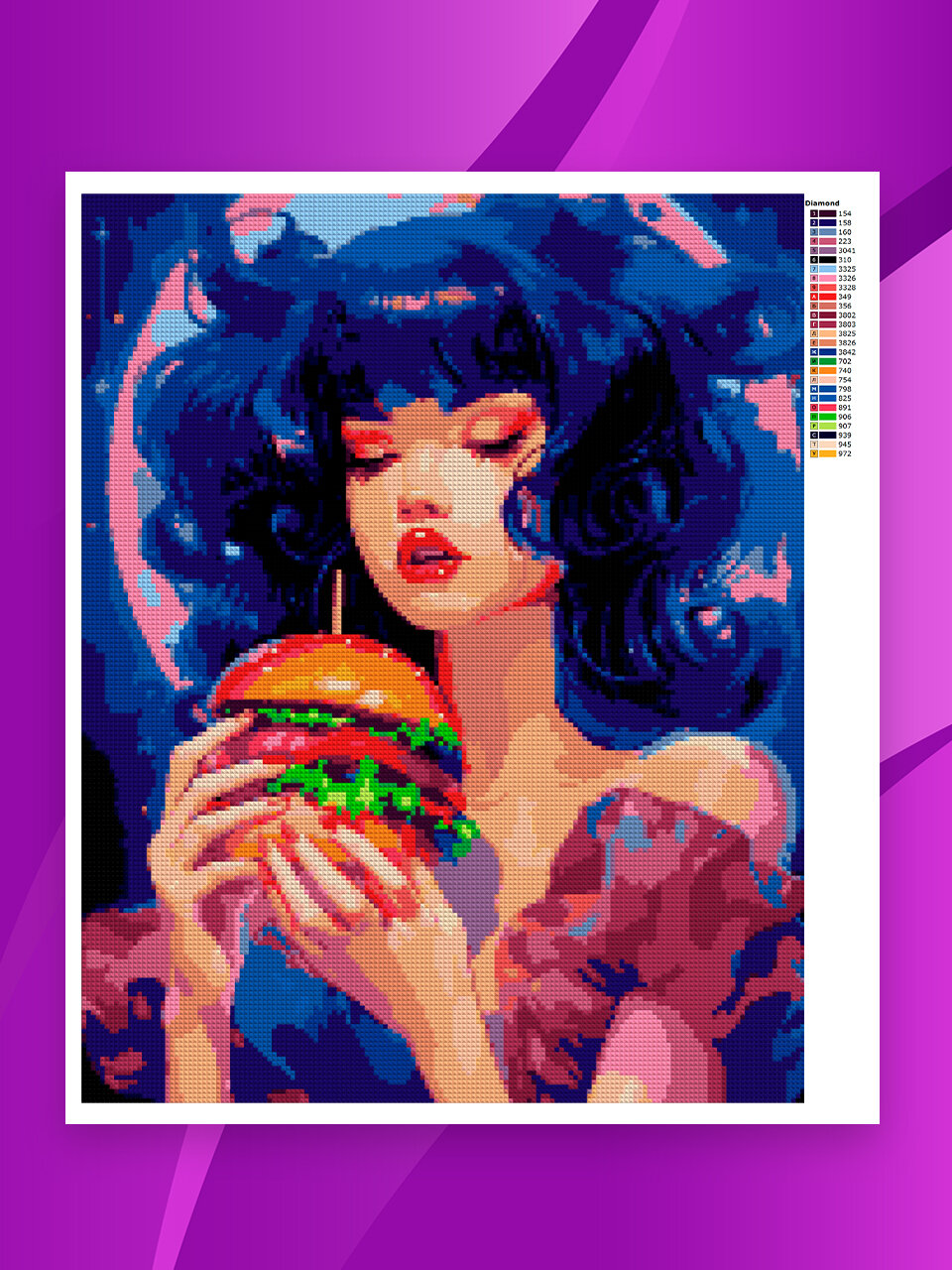 Алмазная мозаика без подрамника - вышивка Девушка с бургером 40 х 50 см