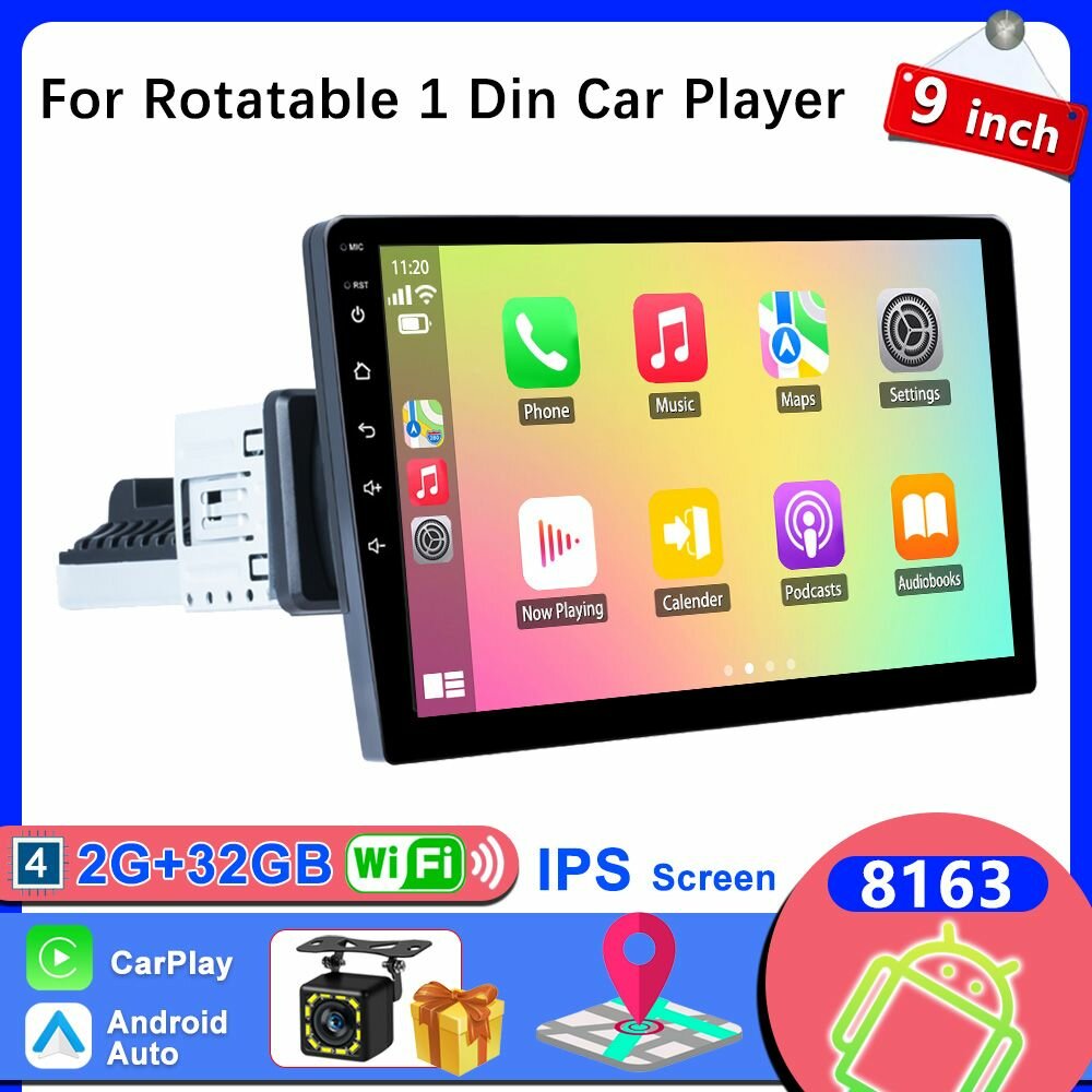Автомагнитола Android 1 дин 360 Поворот дюймов Экран 2/64Gb 6280A 4ядер Gps навигатор CarPlay, Wi-Fi, Bt, RDS