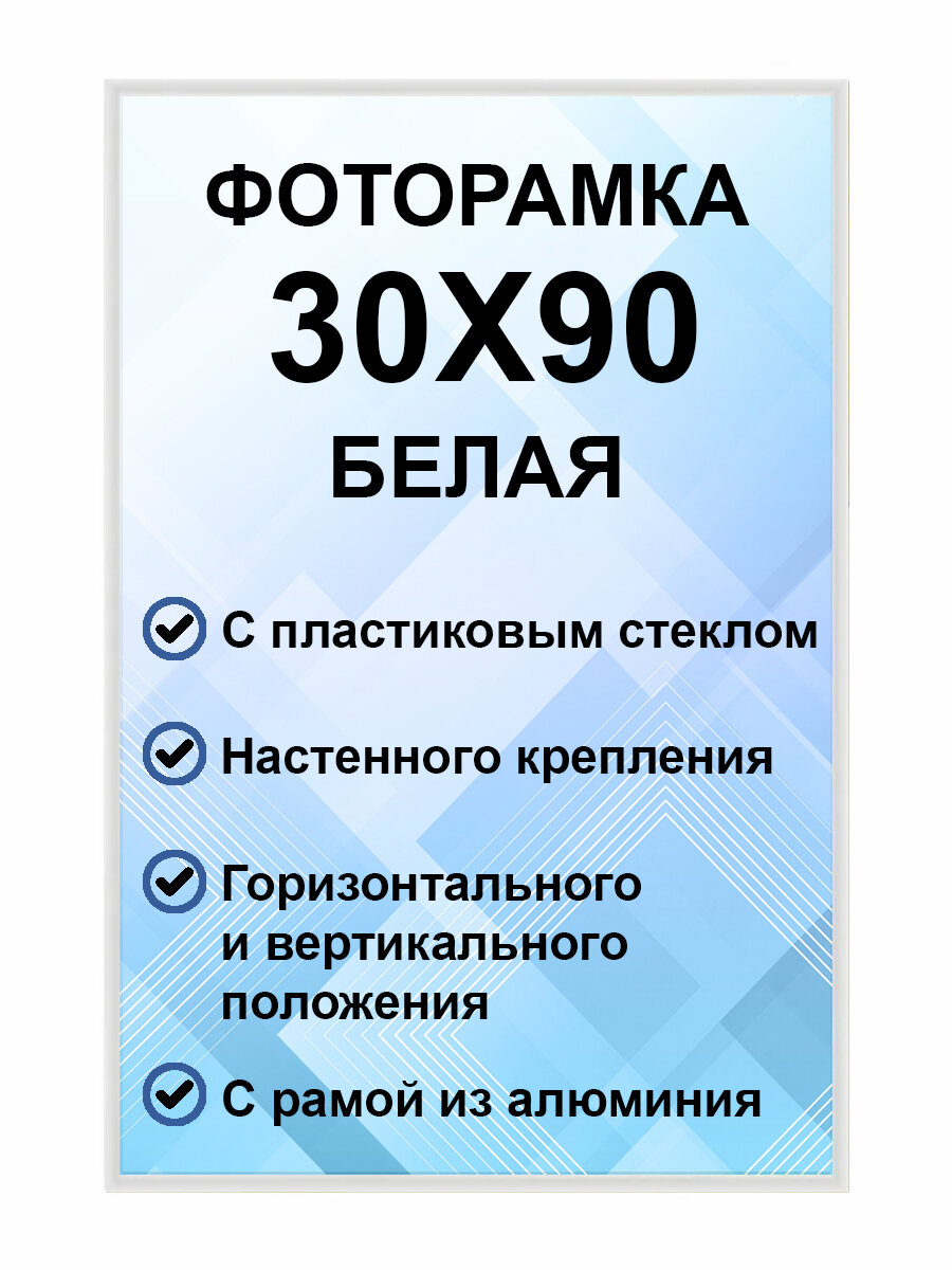 Фоторамка металлическая белая для постера, картины, фотографии 30х90 см