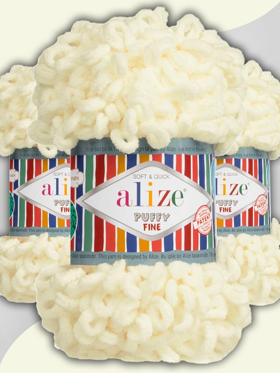 Пряжа для вязания Alize Puffy Fine плюшевая, цвет 62 кремовый, 100 г / 14 м, 3 мотка