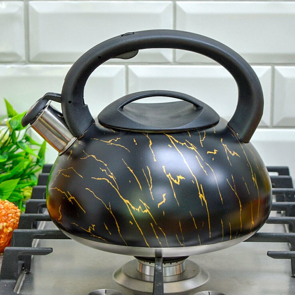 Чайник 3л со свистком, индукция, черный мрамор, нержавеющая сталь
