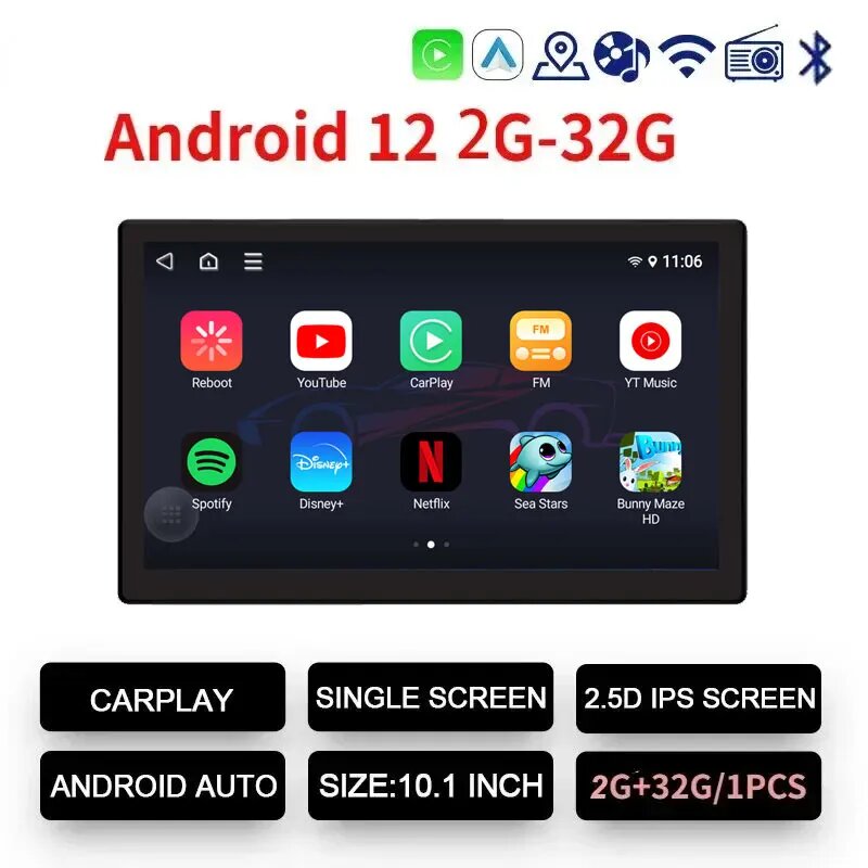 10,1-дюймовый автомобильный подголовник, монитор, экраны для планшета, беспроводной CarPlay Android 12, 2 + 32G, автоматическое заднее сиденье, видеотелевизор, плеер FM, Bluetooth HD Touch Android 12 2G-32G 1P
