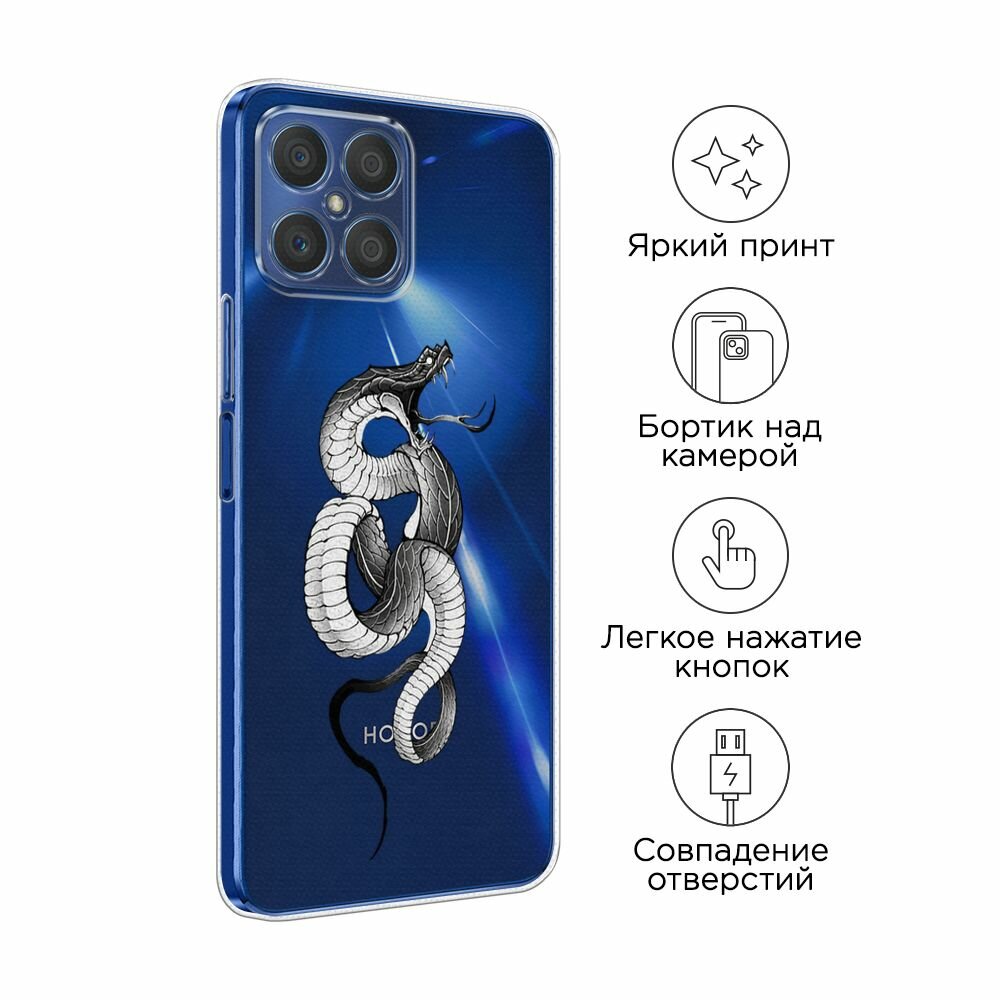 Чехол на Honor X8 / Хуавей X8 с принтом Монохромная змея рисунок, прозрачный — фото 1