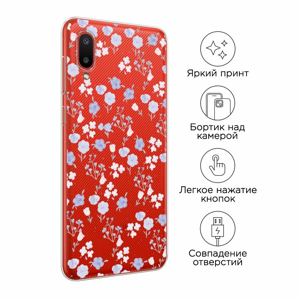 Чехол на Samsung Galaxy A02 / Самсунг Галакси А02 с принтом "Сиреневые розы паттерн", прозрачный — фото 1