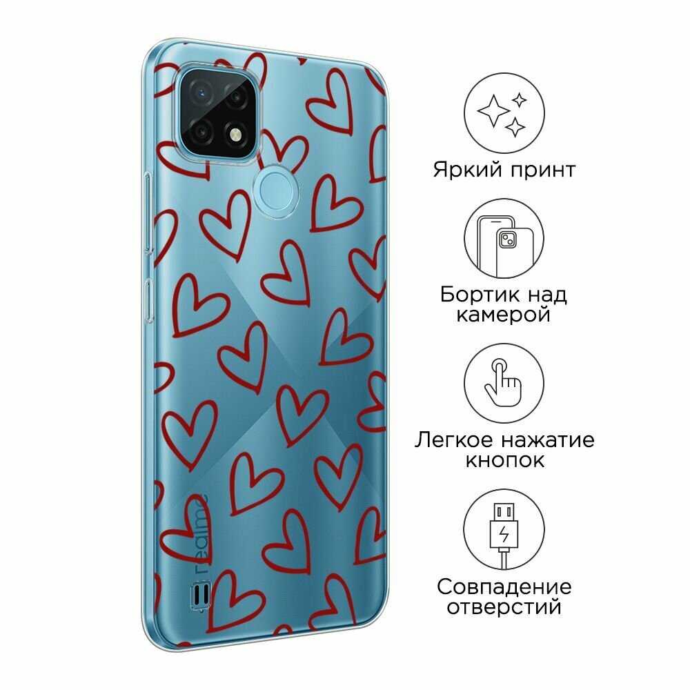 Чехол на Realme C21 / Реалми С21 с принтом "Little hearts doodles 2 - 14 февраля", прозрачный — фото 1