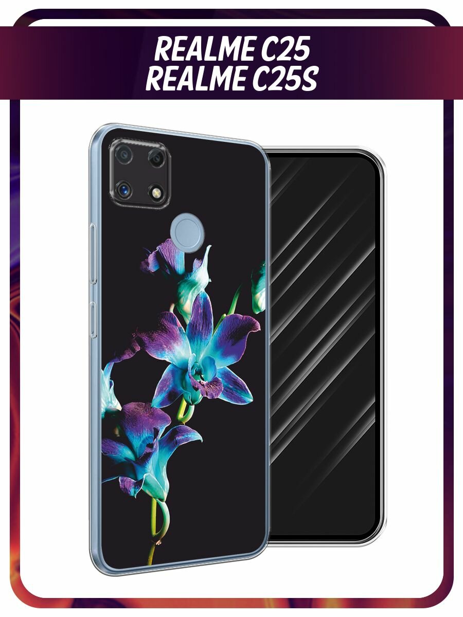 Чехол на Realme C25/C25s / Реалми С25/C25s с принтом "Синий цветок на черном"