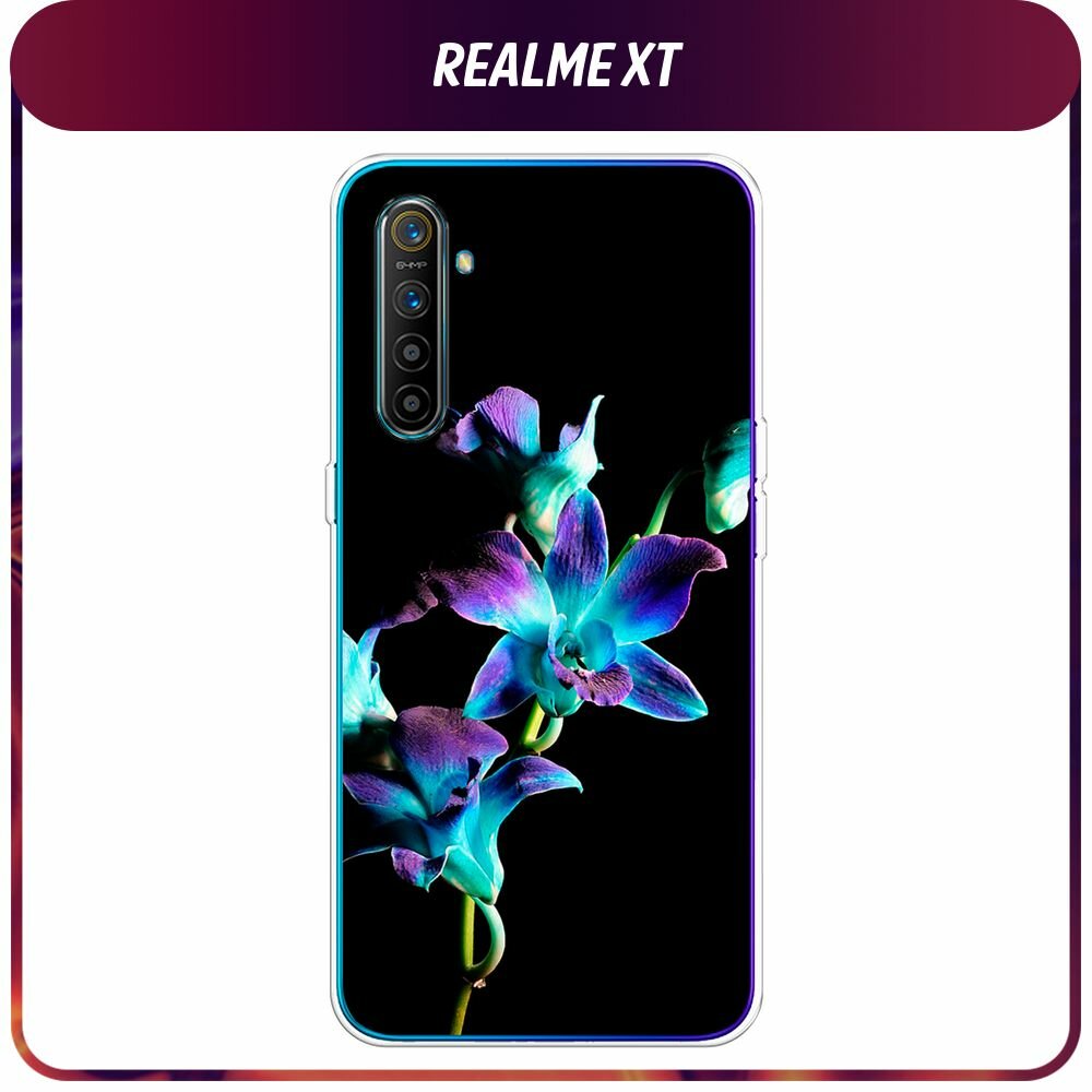 Чехол на Realme XT / Реалми XT с принтом "Синий цветок на черном"