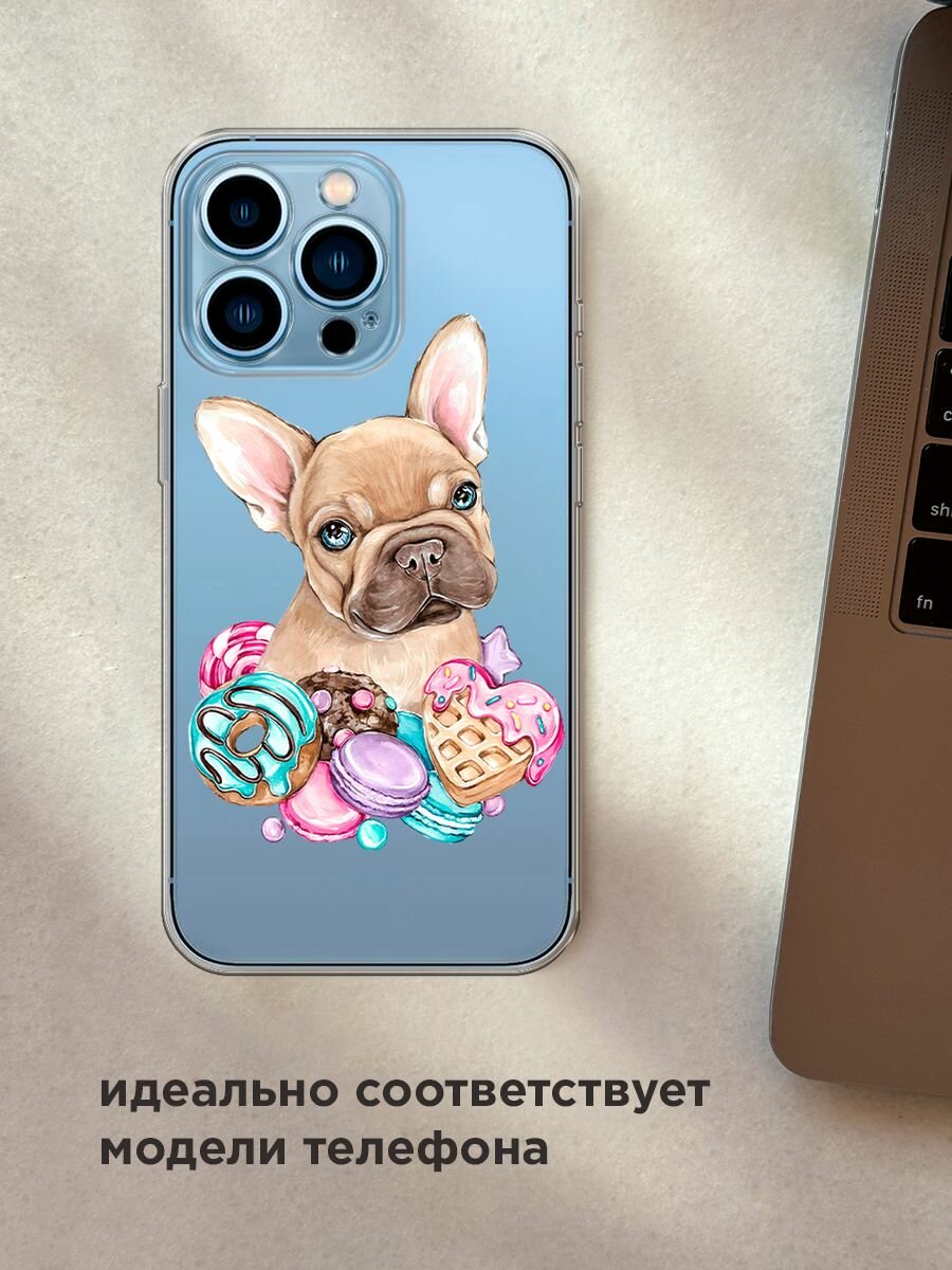 Чехол на Apple iPhone 13 Pro / Айфон 13 Про с принтом "Бульдог и сладости", прозрачный — фото 1