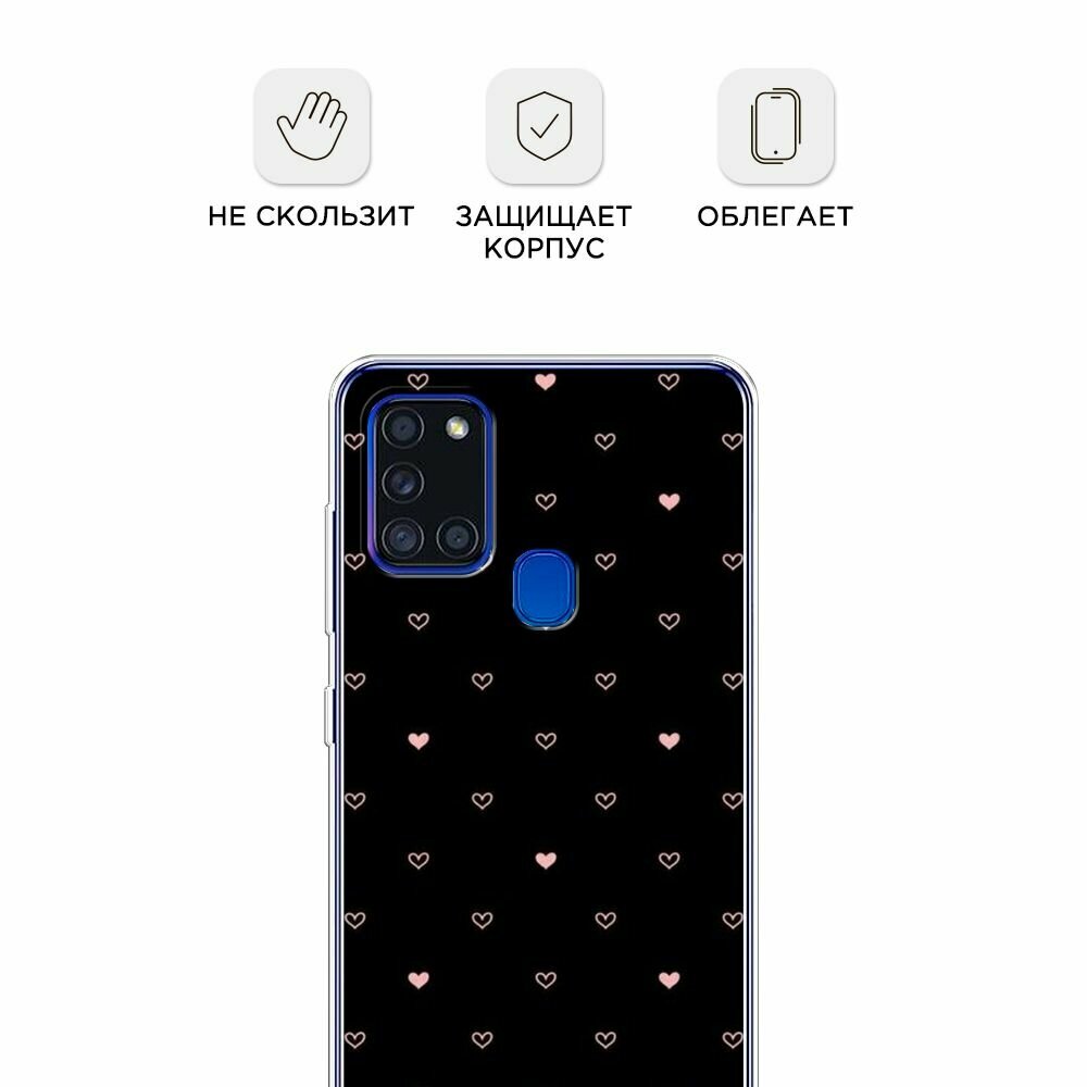 Чехол на Samsung Galaxy A21s / Самсунг Галакси A21s с принтом "Черный фон и сердечки" — фото 1