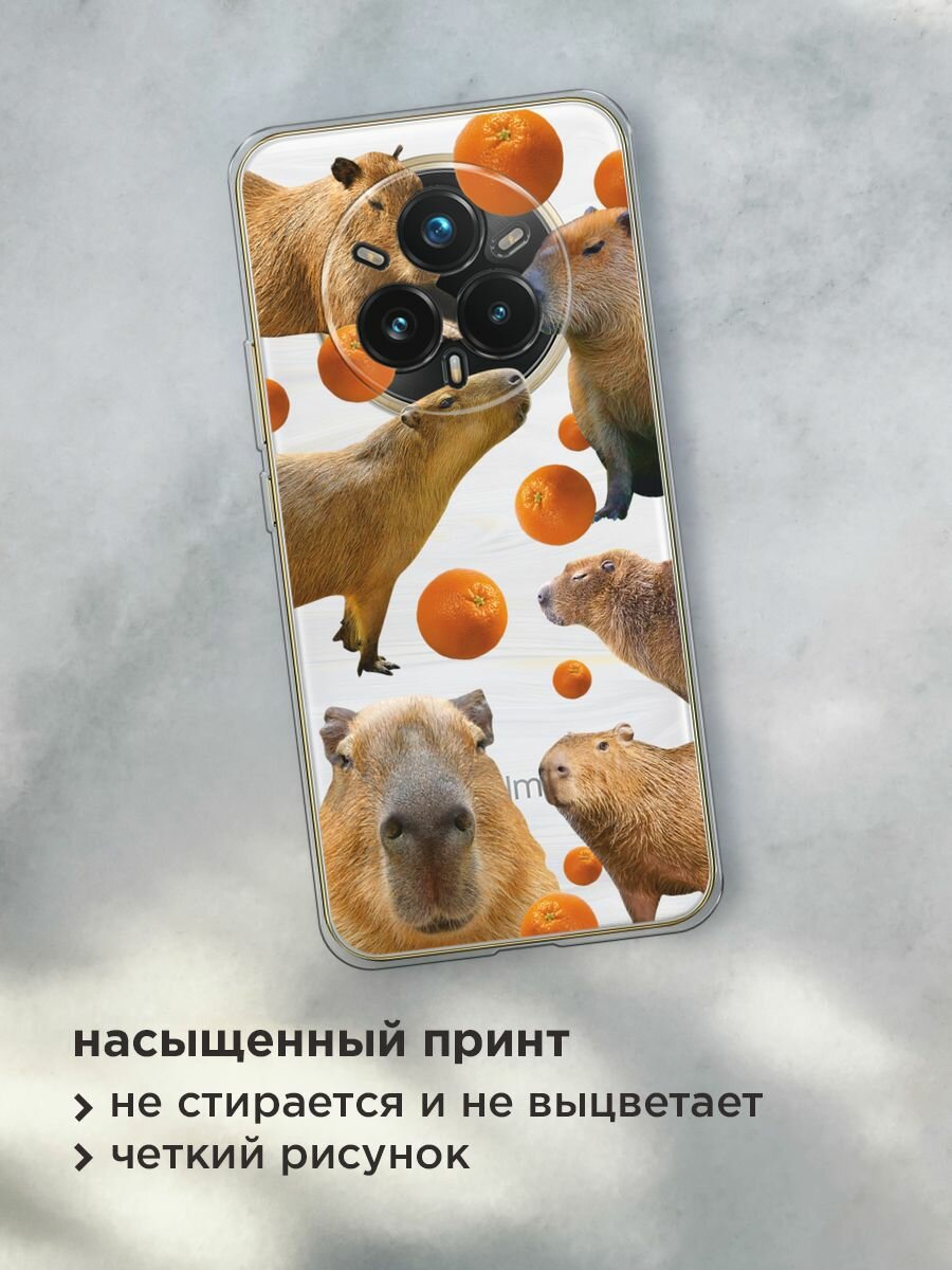 Чехол на Realme 14 Pro+ / Реалми 14 Про+ с принтом "Капибара и апельсины", прозрачный — фото 1