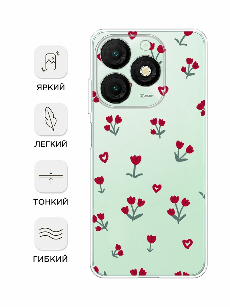 Чехол на Itel A50 / Ител А50 с принтом "Красные тюльпанчики", прозрачный — фото 1