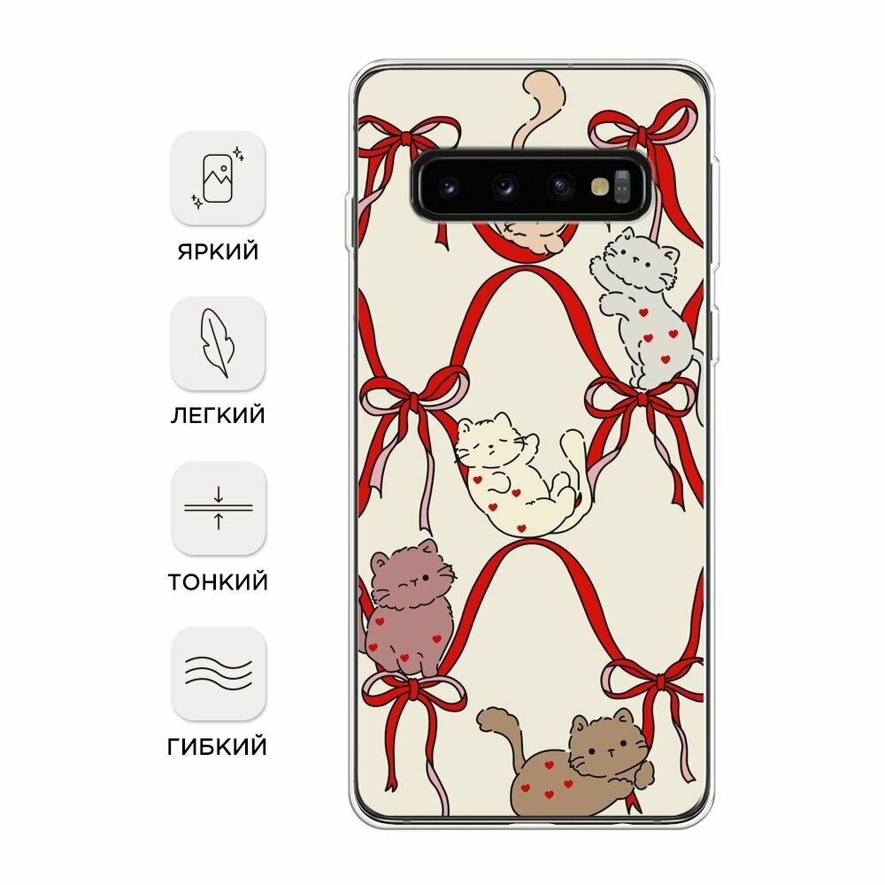 Чехол на Samsung Galaxy S10 + / Самсунг Галакси S10 Плюс с принтом "Котики в ленточках 1" — фото 1