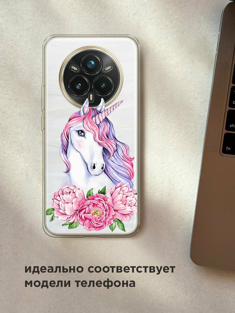 Чехол на Realme 14 Pro+ / Реалми 14 Про+ с принтом "Единорог с пионами", прозрачный — фото 1