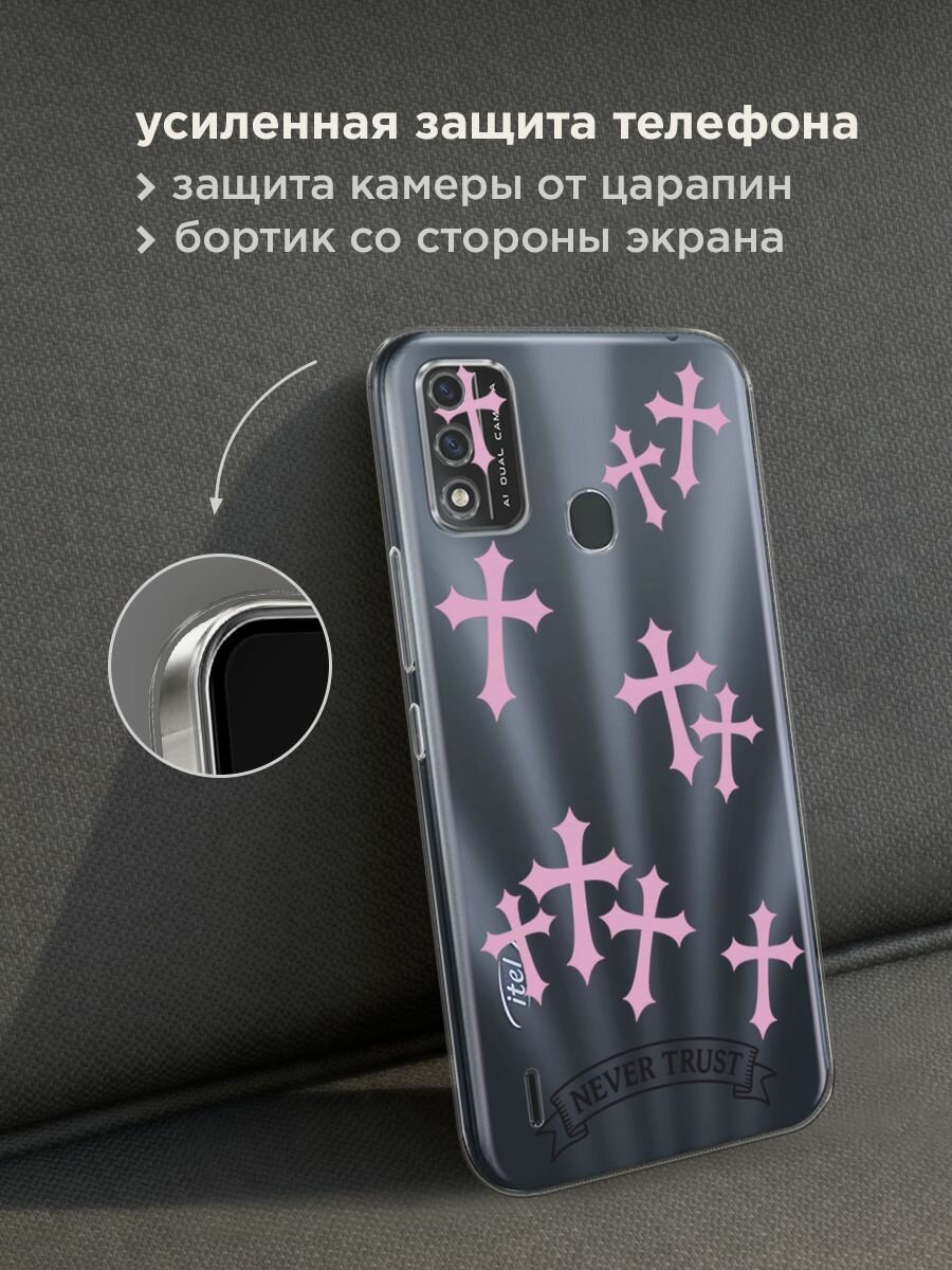 Чехол на Itel A48 / Ител А48 с принтом "Розовые кресты", прозрачный — фото 1