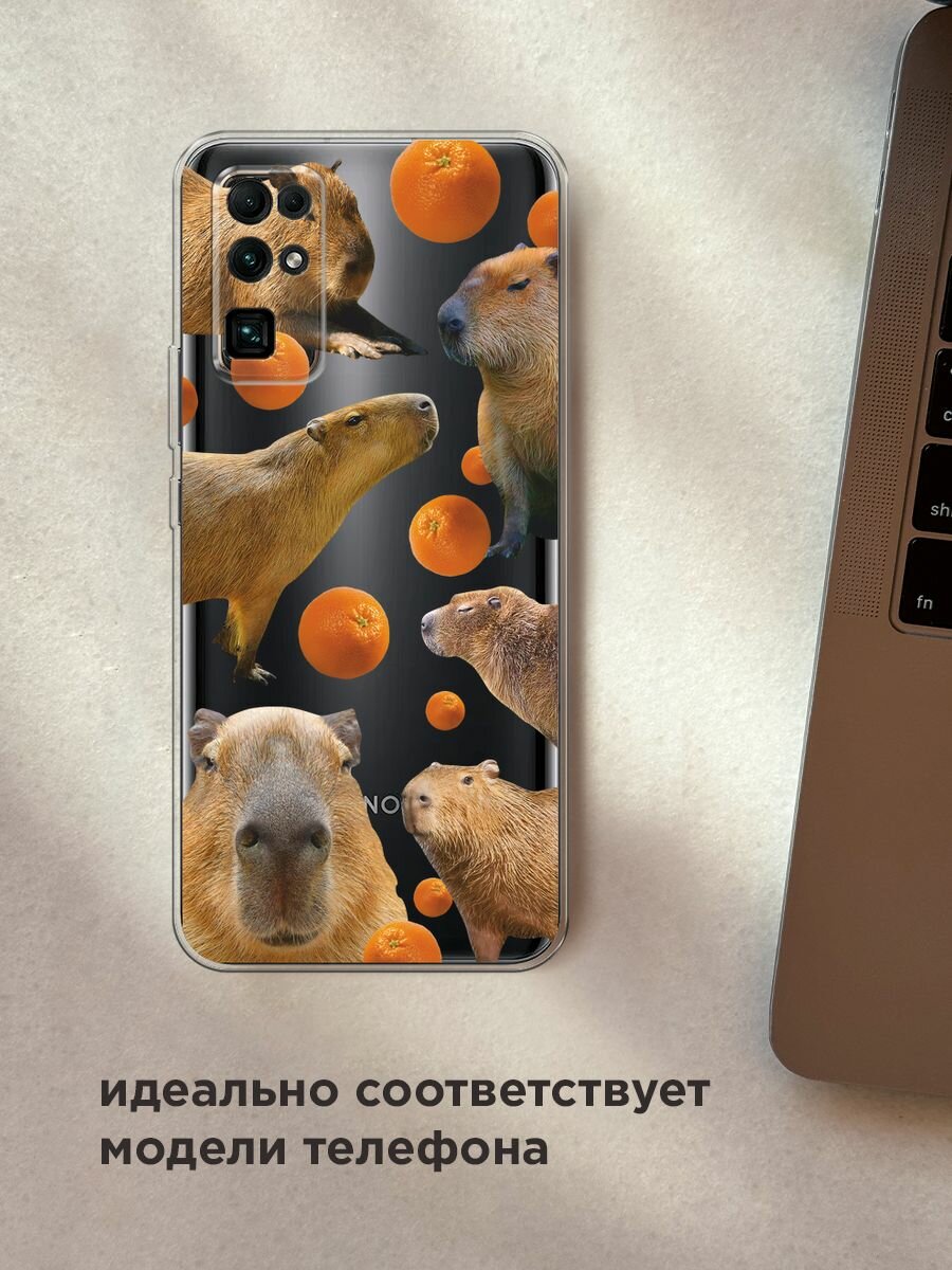 Чехол на Honor 30 / Хонор 30 с принтом "Капибара и апельсины", прозрачный — фото 1