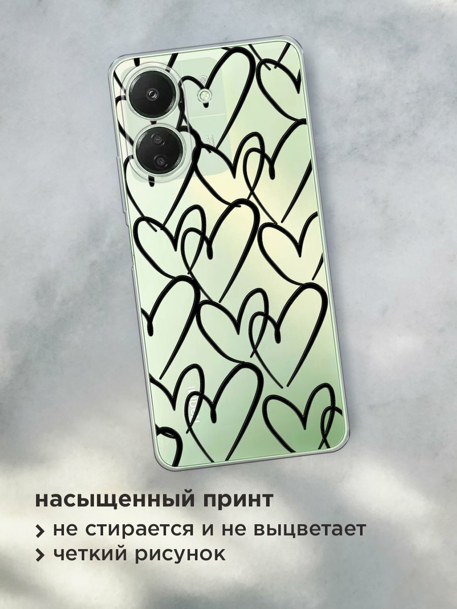 Чехол на Xiaomi Redmi 13C/Poco C65 / Сяоми Редми 13C/Поко С65 с принтом "Hearts doodle black 1" — фото 1
