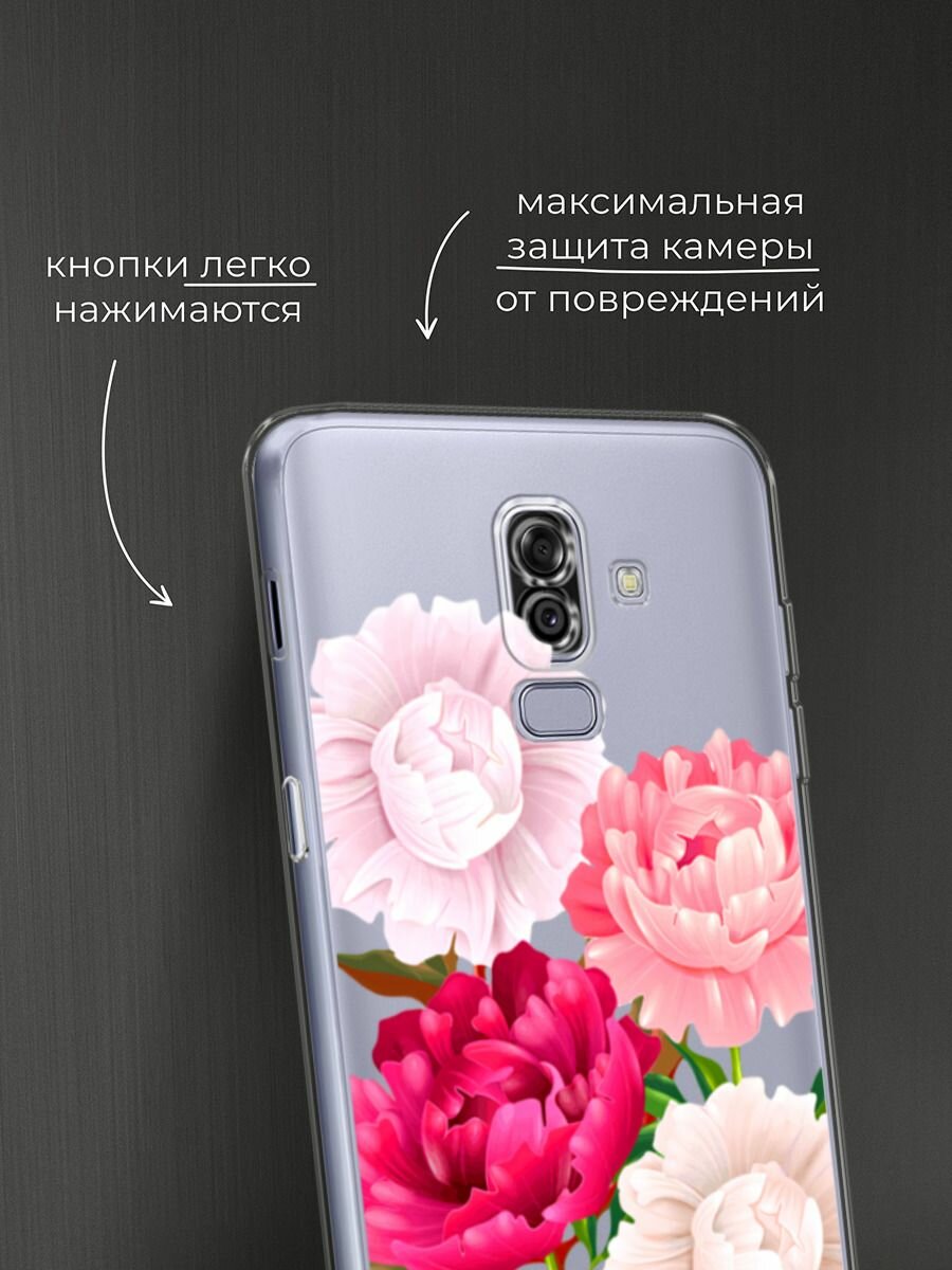 Чехол на Samsung Galaxy J8 / Самсунг Галакси Джей 8 с принтом "Большие пионы", прозрачный — фото 1