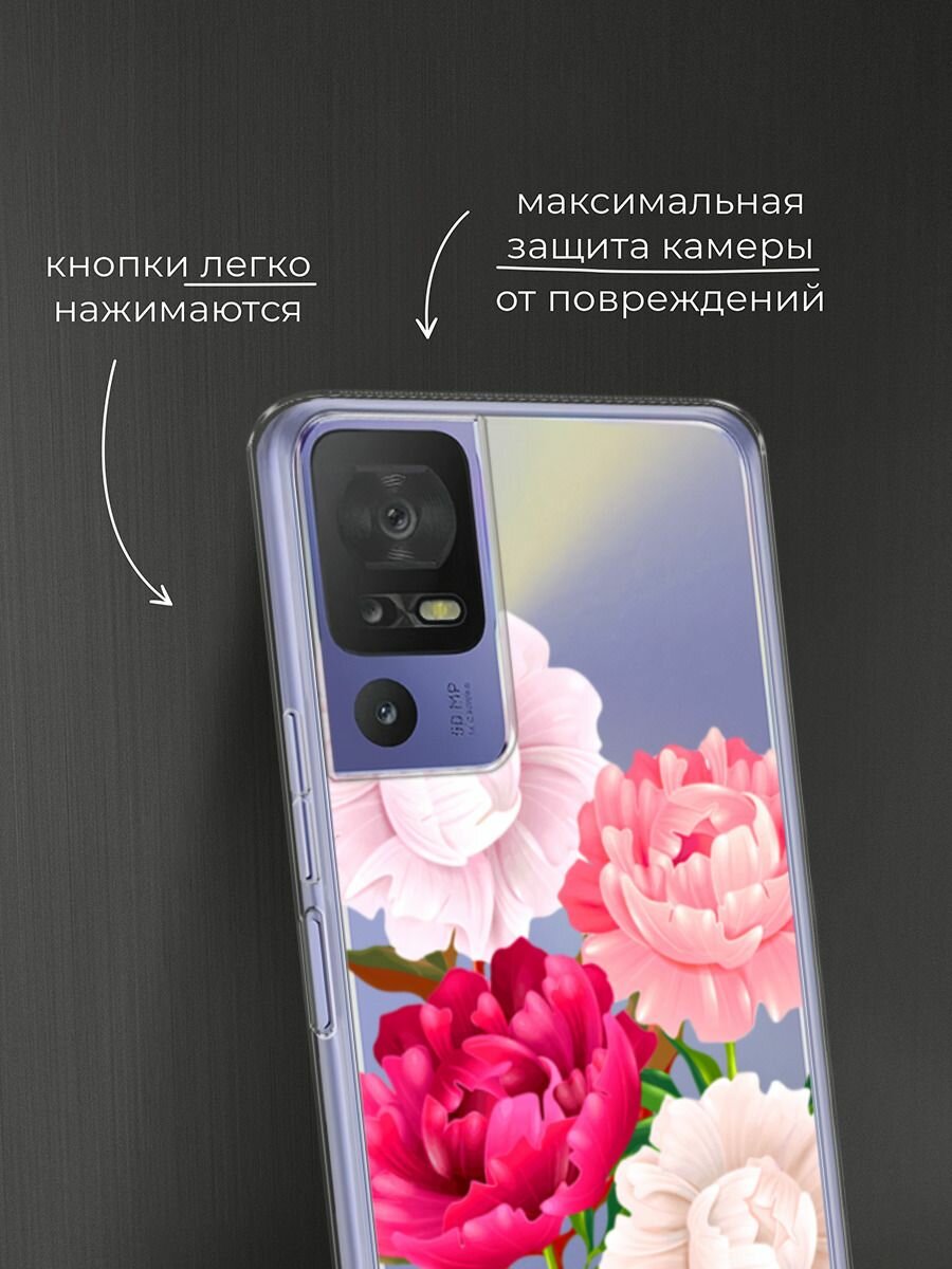 Чехол на TCL 40 SE / ТСЛ 40 SE с принтом "Большие пионы", прозрачный — фото 1