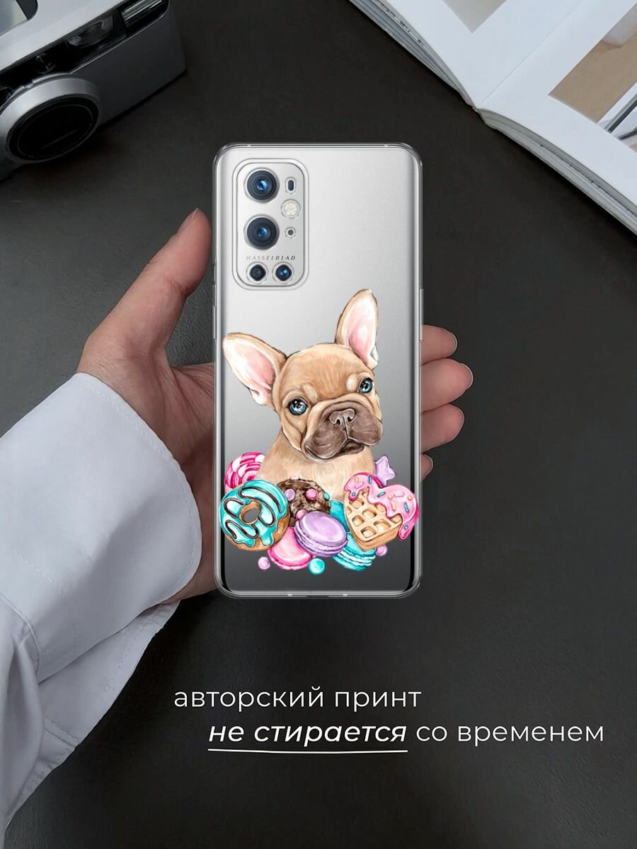 Чехол на OnePlus 9 Pro / ВанПлас 9 Про с принтом "Бульдог и сладости", прозрачный — фото 1