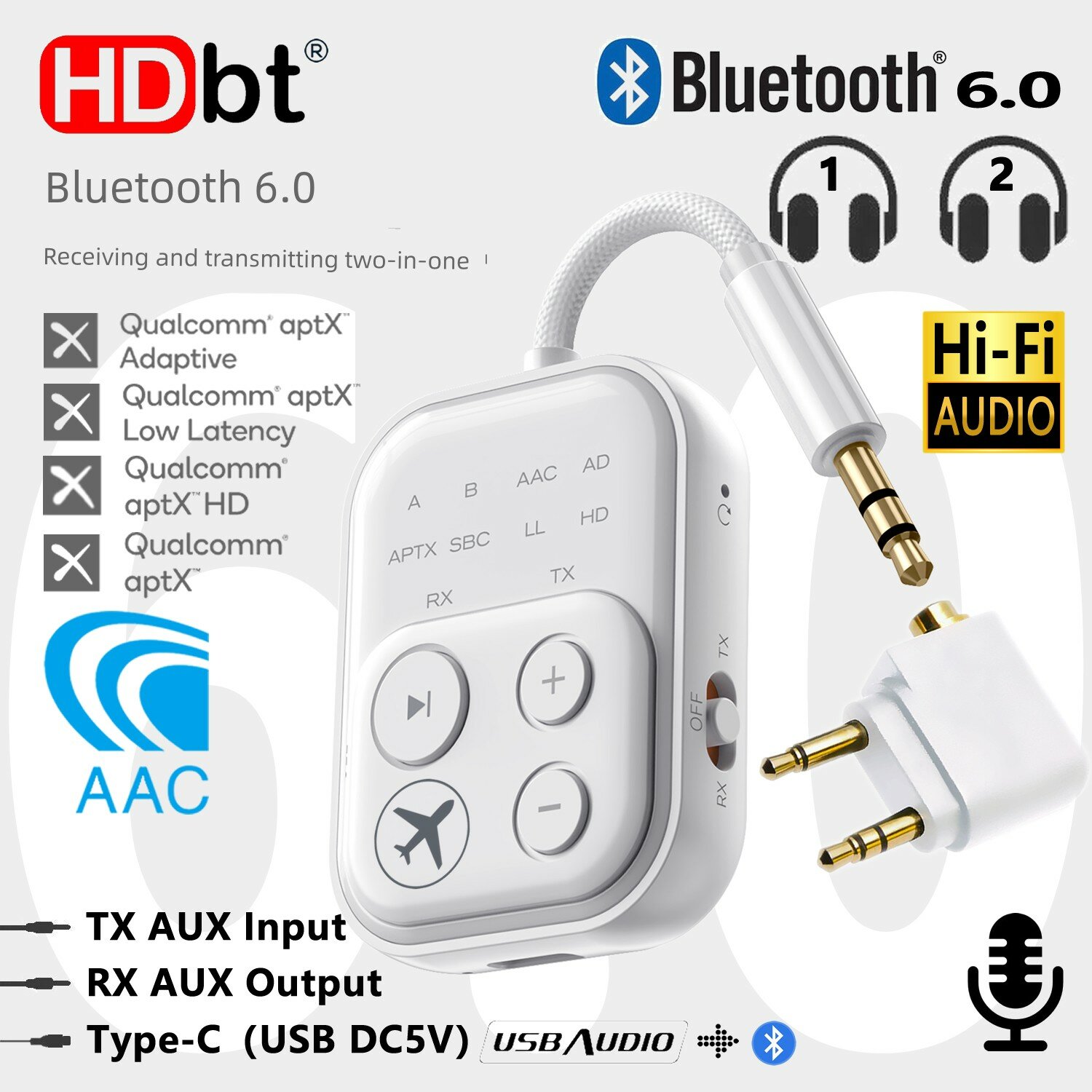 Bluetooth 6.0 аудиоадаптер с APTX Adaptive HD LL, самолетным конвертером F и усиленным USB передатчиком, модель B525F+