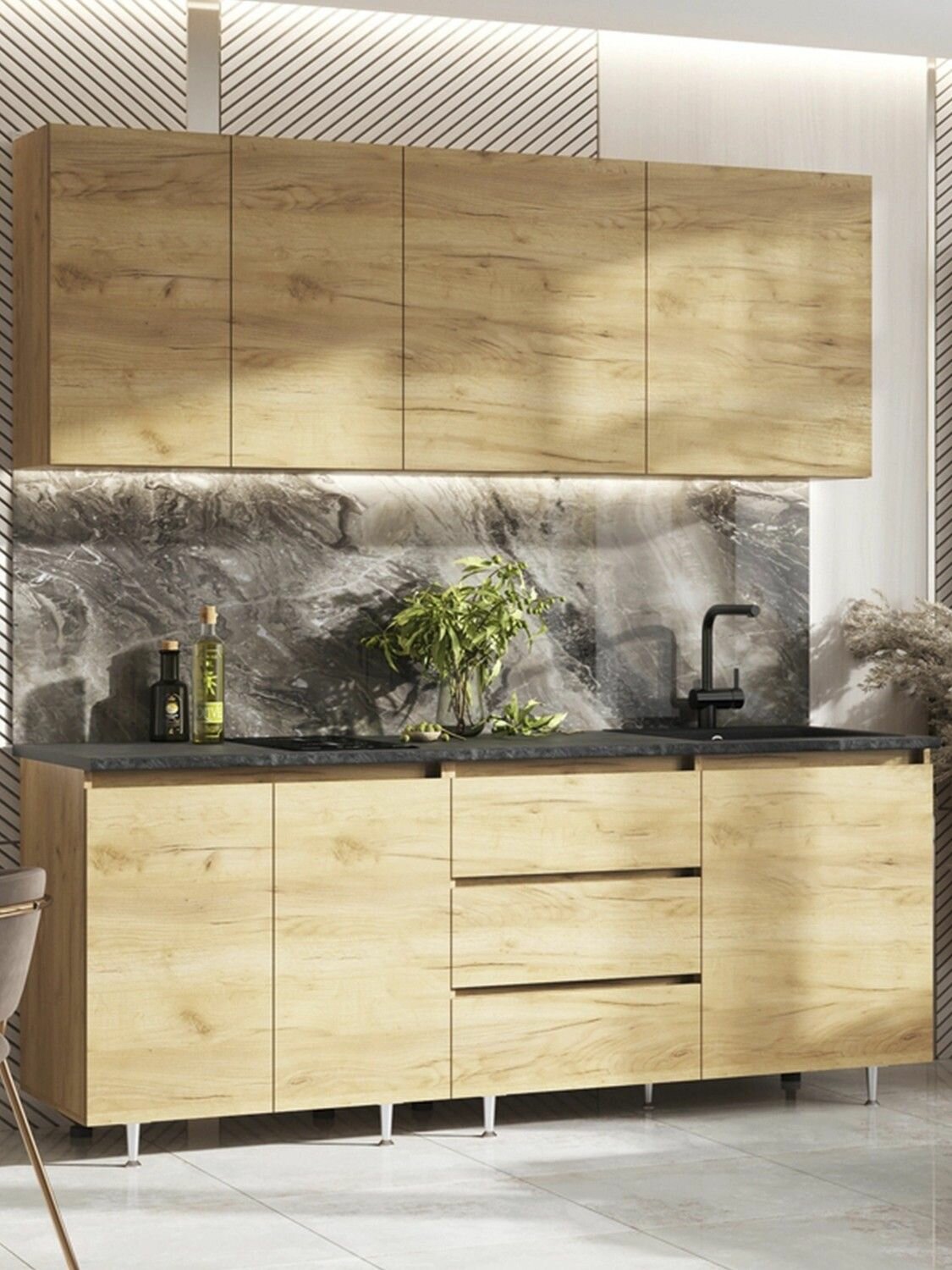 Кухня Челси 2,0м Компоновка №2 (Дуб Крафт, Дуб Крафт (Кастилло))