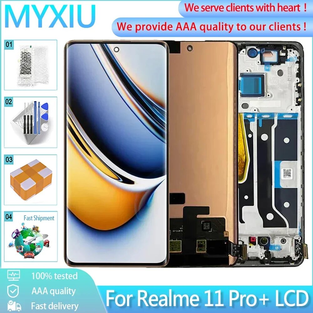 Оригинальный ЖК-дисплей для Realme 11 Pro + RMX3741, сменный преобразователь сенсорного экрана для Realme 11 Pro Plus LRMX3740, AMOLED ЖК-дисплей With Black Frame